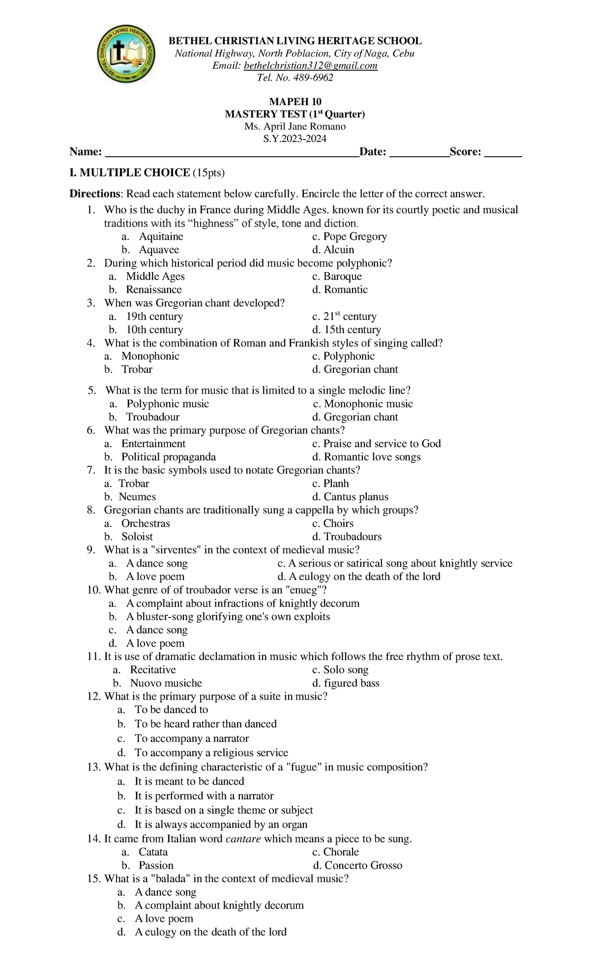 Final g10 - MAPEH 7 ACTIVITY - BETHEL CHRISTIAN LIVING HERITAGE SCHOOL ...