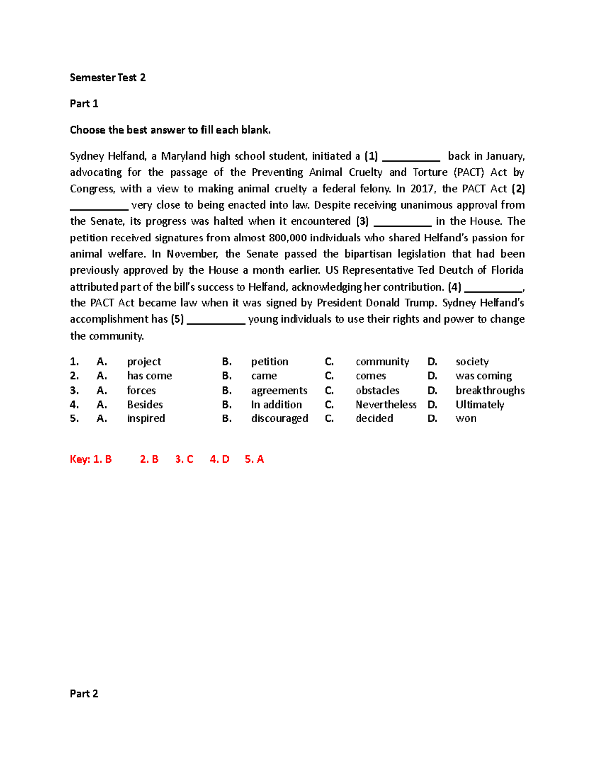 Semester Test 2 - test - Semester Test 2 Part 1 Choose the best answer ...