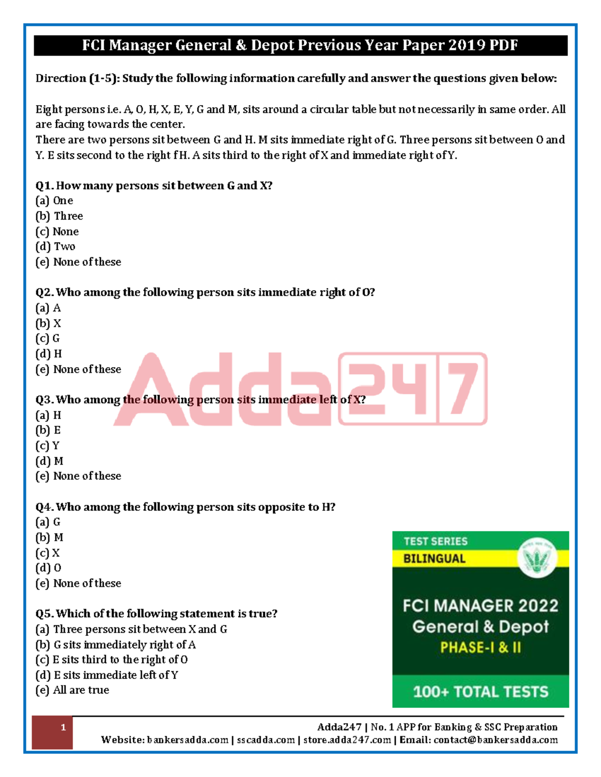 FCI Manager General Depot Previous Year Paper 2019 PDF Questions with ...