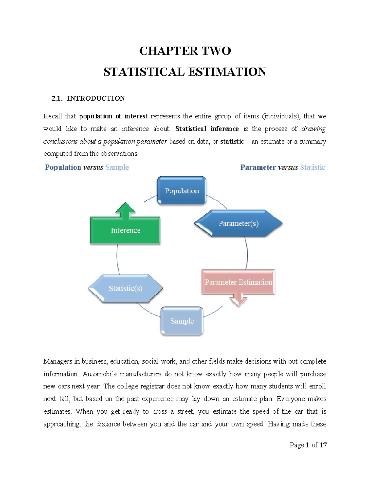CH II - Statistical Estimations - CHAPTER TWO STATISTICAL ESTIMATION 2. INTRODUCTION Recall that ...