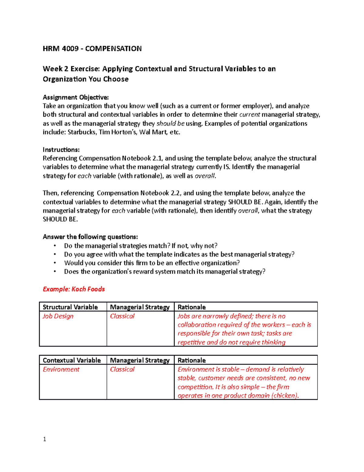 Compensation - chapter 2 exercise - HRM 4009 - COMPENSATION Week 2 Exercise: Applying Contextual ...