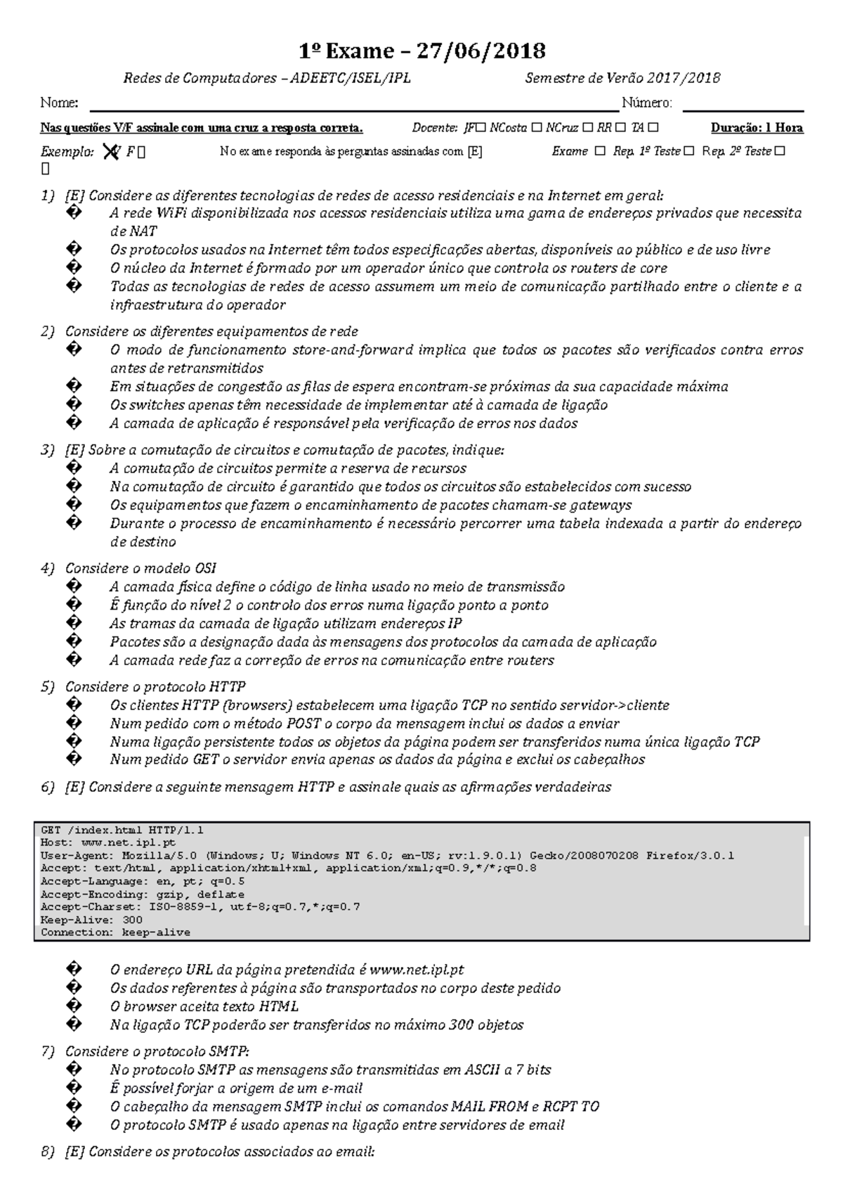 RCp-1Exame-27-06-2018.docx - 1º Exame – 27/06/ Redes de Computadores – ADEETC/ISEL/IPL Semestre ...