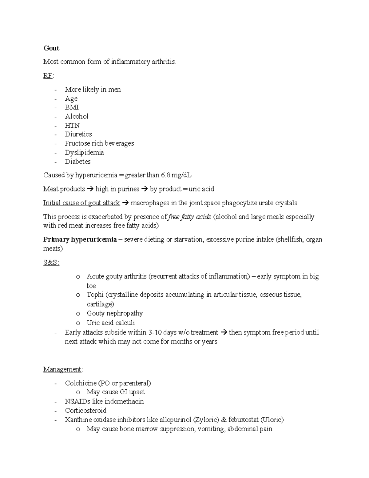 Gout - notes - Gout Most common form of inflammatory arthritis. RF ...
