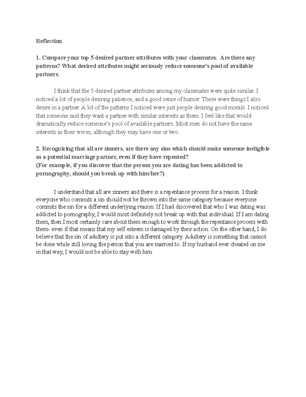 Reflection 5 - Compare your top 5 desired partner attributes with your ...