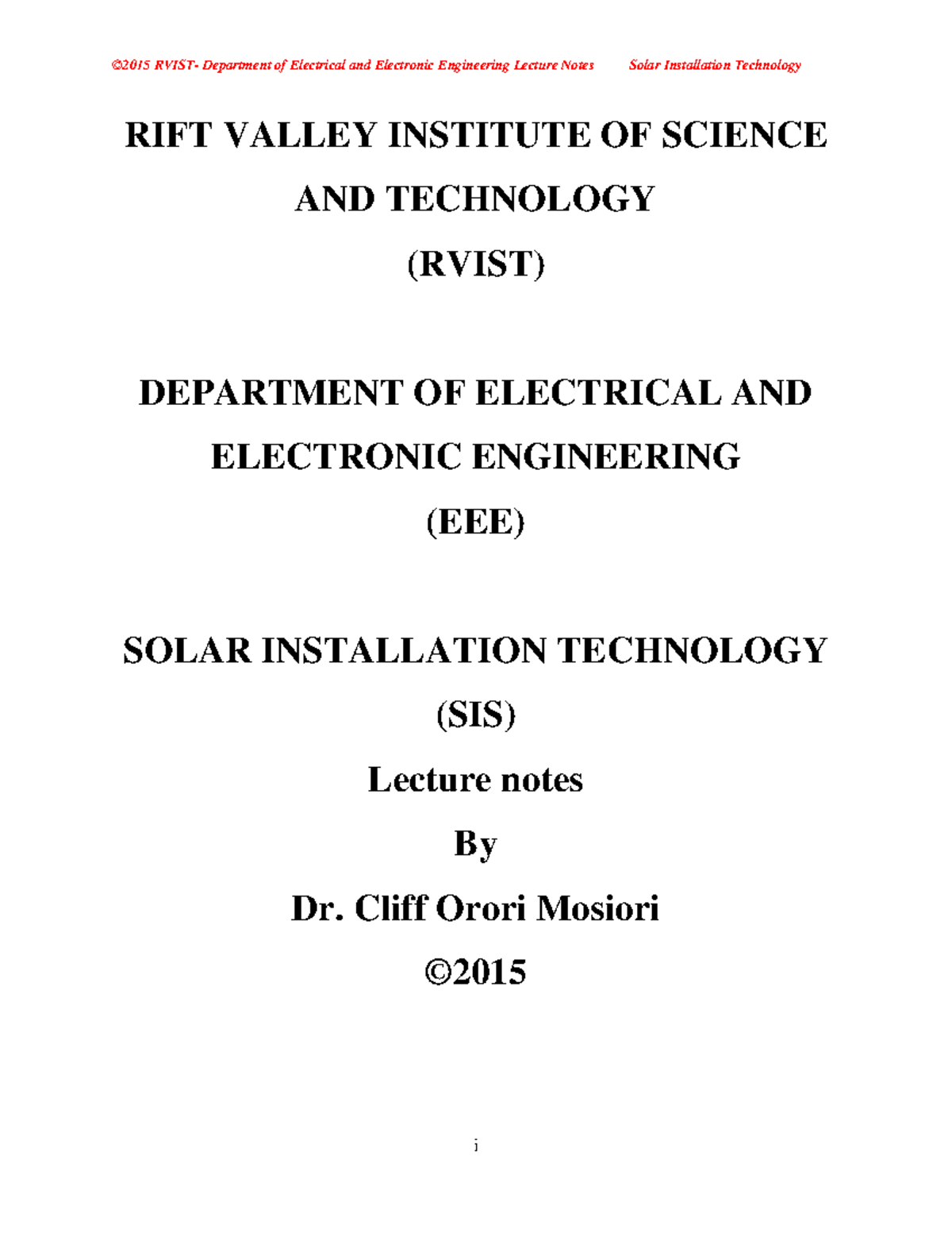 Solar Installation - Sola - i RIFT VALLEY INSTITUTE OF SCIENCE AND ...