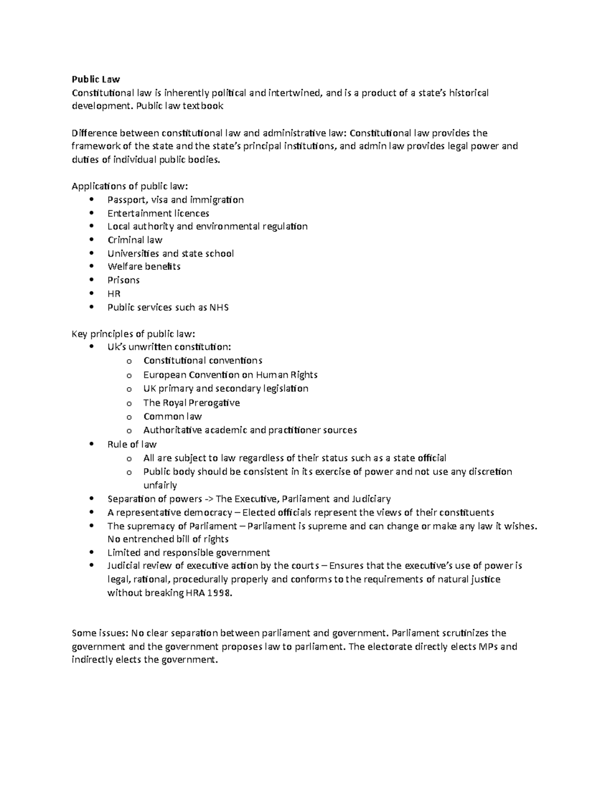 Public Law Outline - my own notes - Public Law Constitutional law is ...