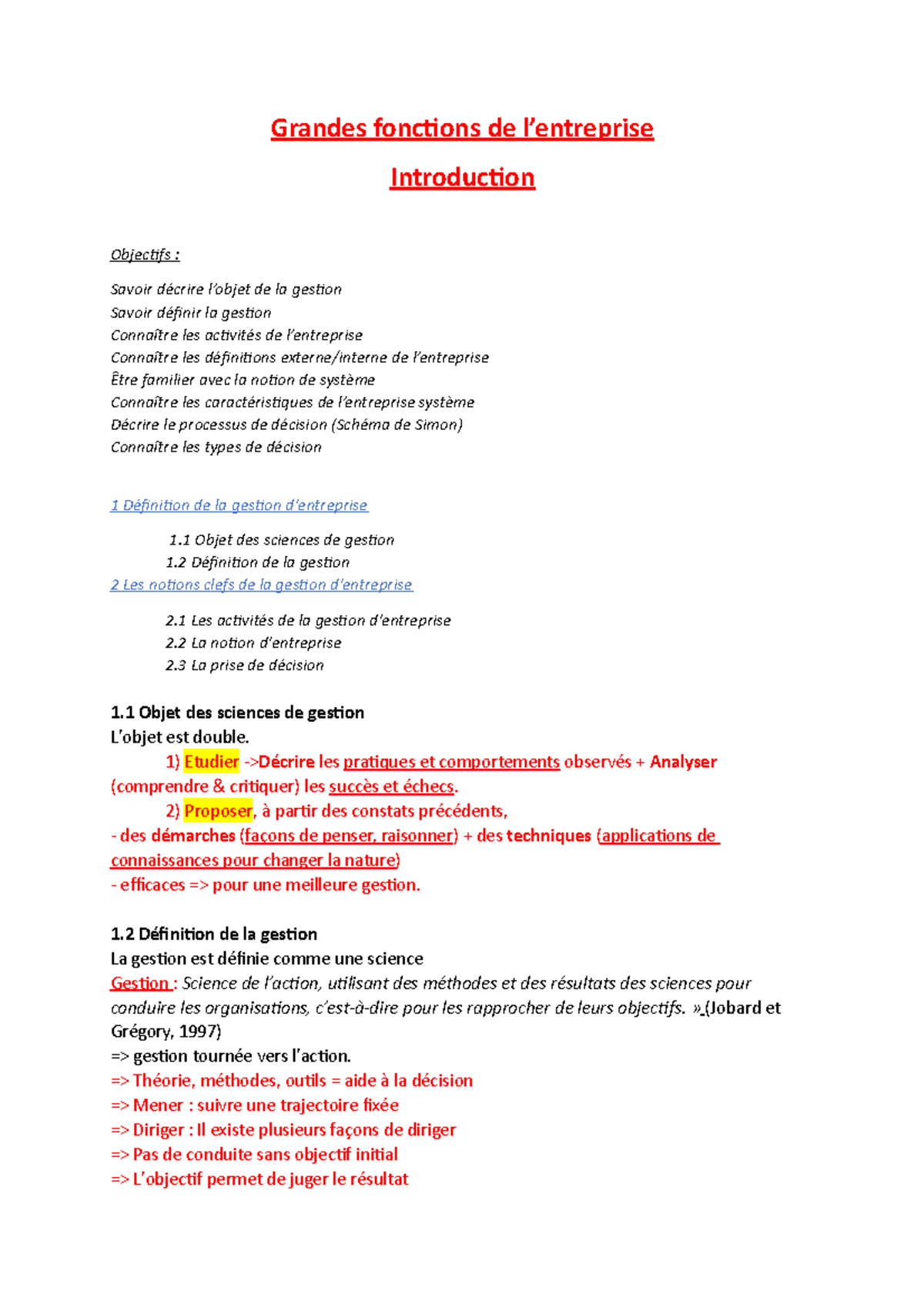 Cours GFE Intro - GFE - Grandes fonctions de l’entreprise Introduction Objectifs : Savoir ...