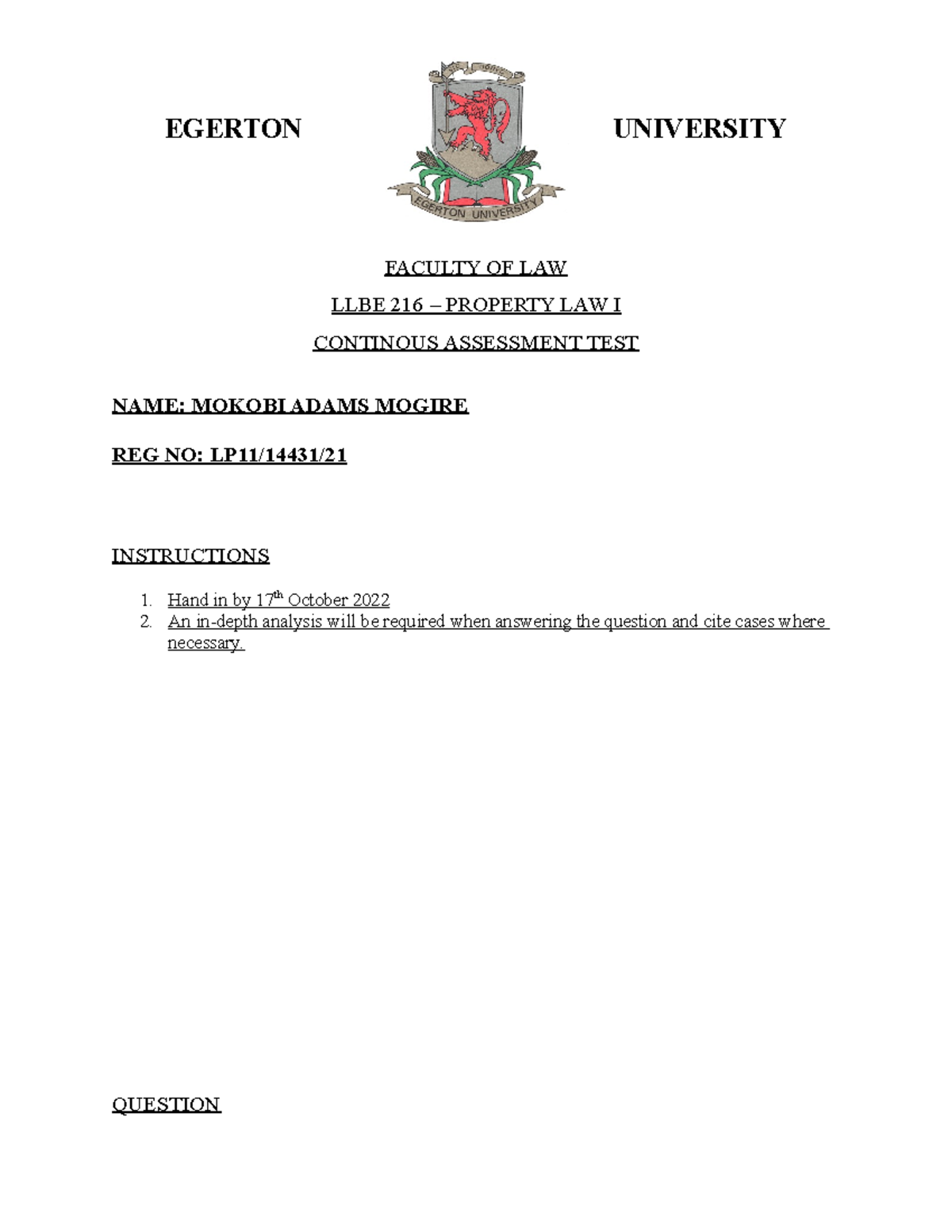 Property law assignment Adams - EGERTON UNIVERSITY FACULTY OF LAW LLBE ...