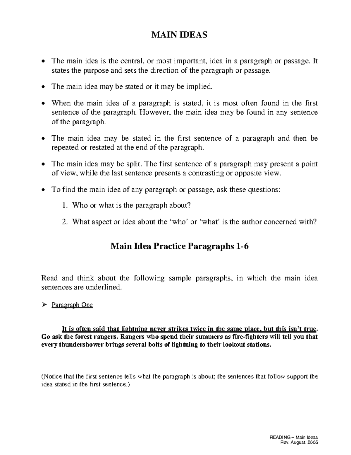 MAIN Ideasrevised 815 - essential english main ideas - READING – Main ...