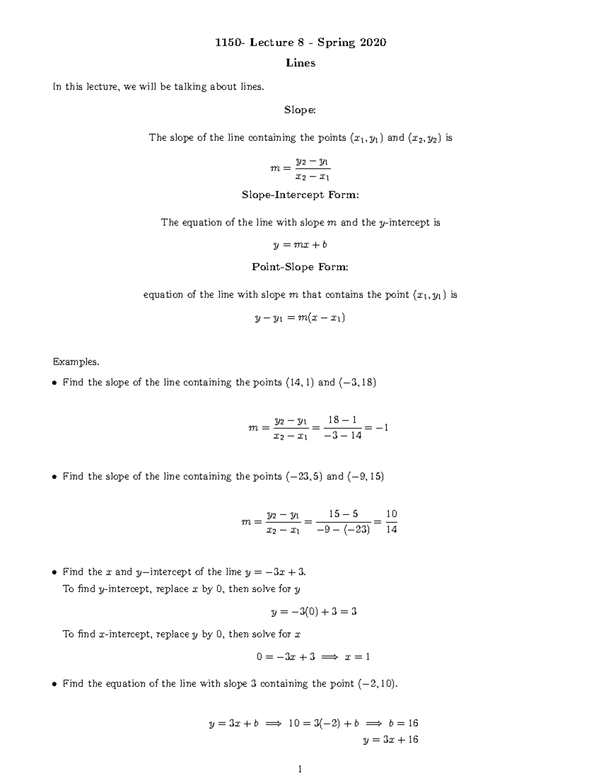 Lines- Lecture 7 - 1150- Lecture 8 - Spring 2020 Lines In this lecture, we will be talking about ...