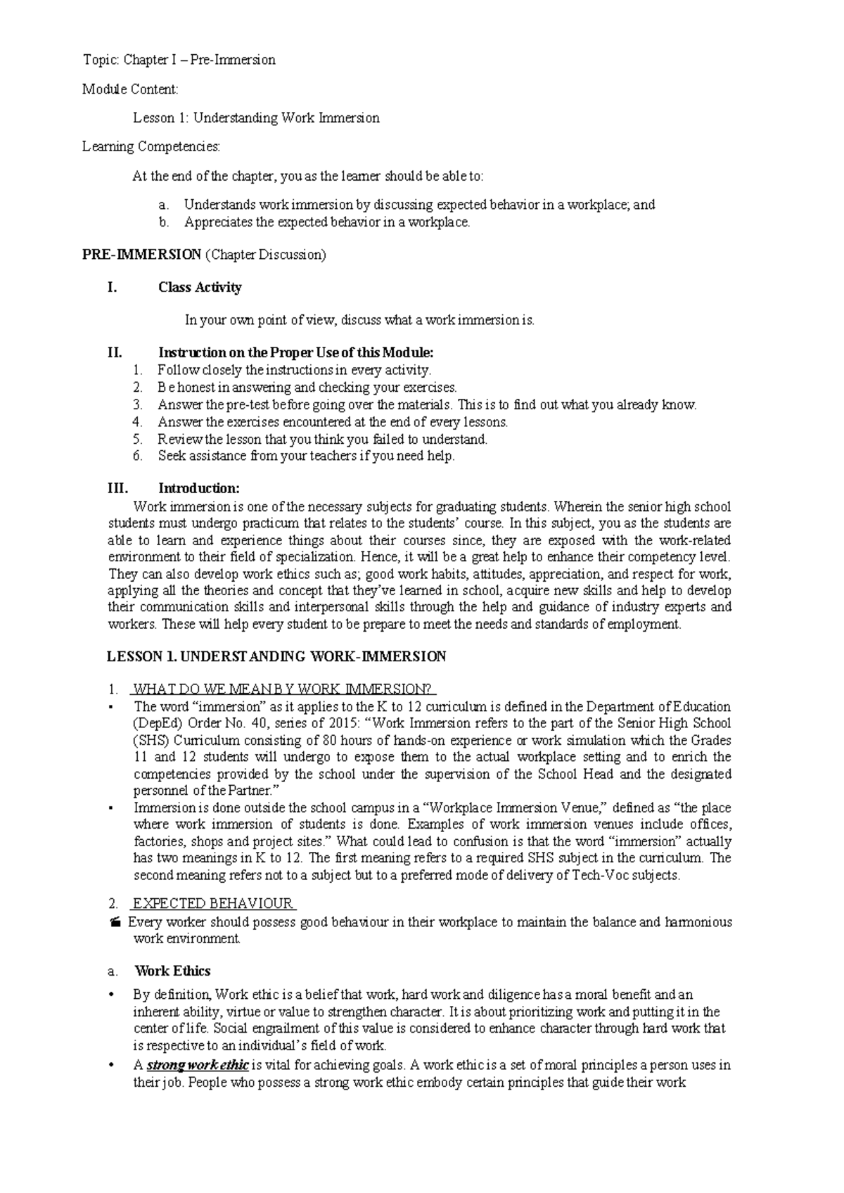 Pdfcoffee work immersion - Topic: Chapter I – Pre-Immersion Module Content: Lesson 1 ...