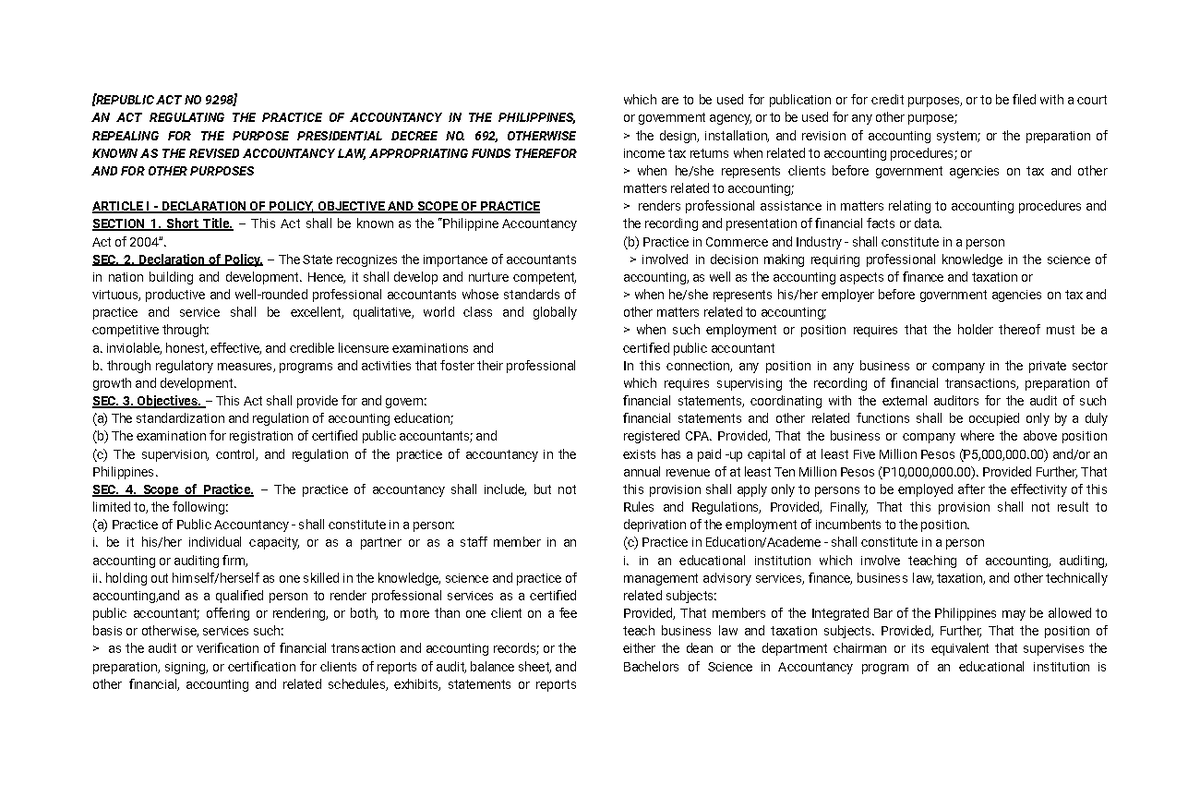 Accountancy Act Of 2004 REPUBLIC ACT NO 9298 AN ACT REGULATING THE