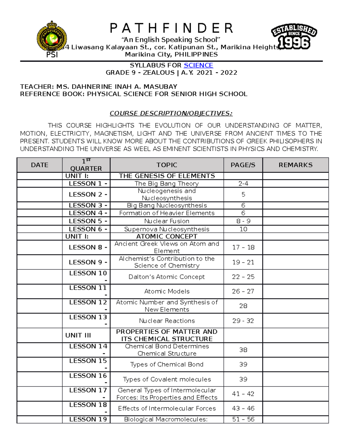 Syllabus FOR Grade 9 (Old) - P A T H F I N D E R “An English Speaking ...