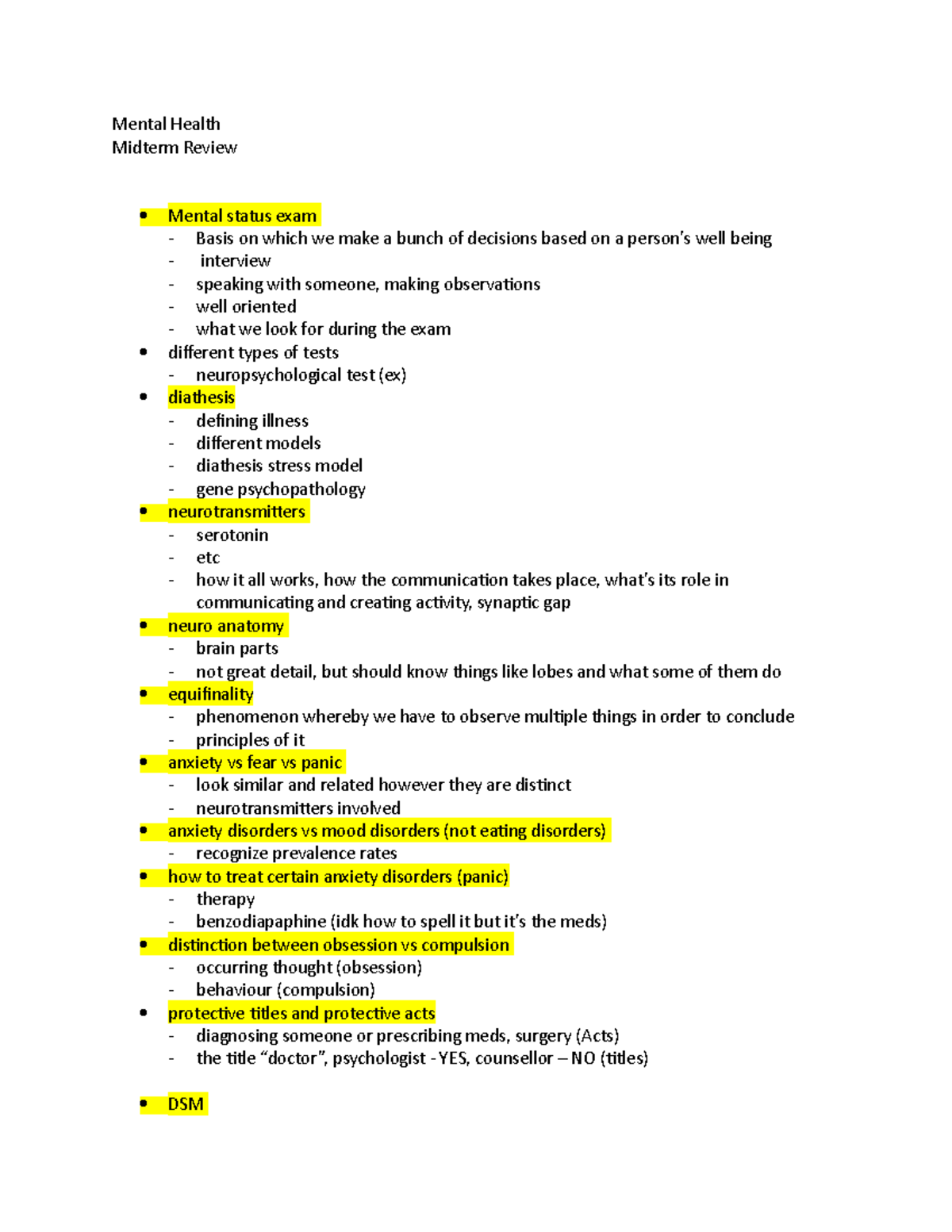 Midterm review - Mental Health Midterm Review Mental status exam - Basis on which we make a ...