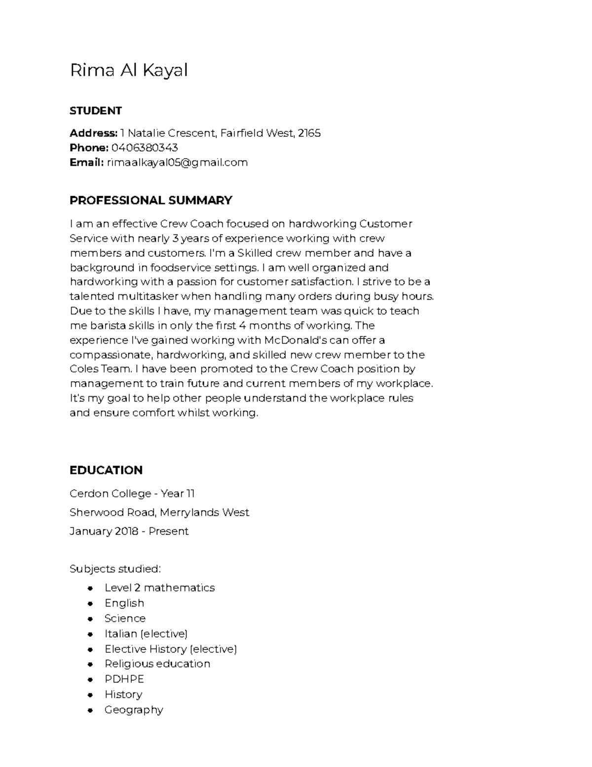 Copy of Resume - good - Rima Al Kayal STUDENT Address: 1 Natalie ...