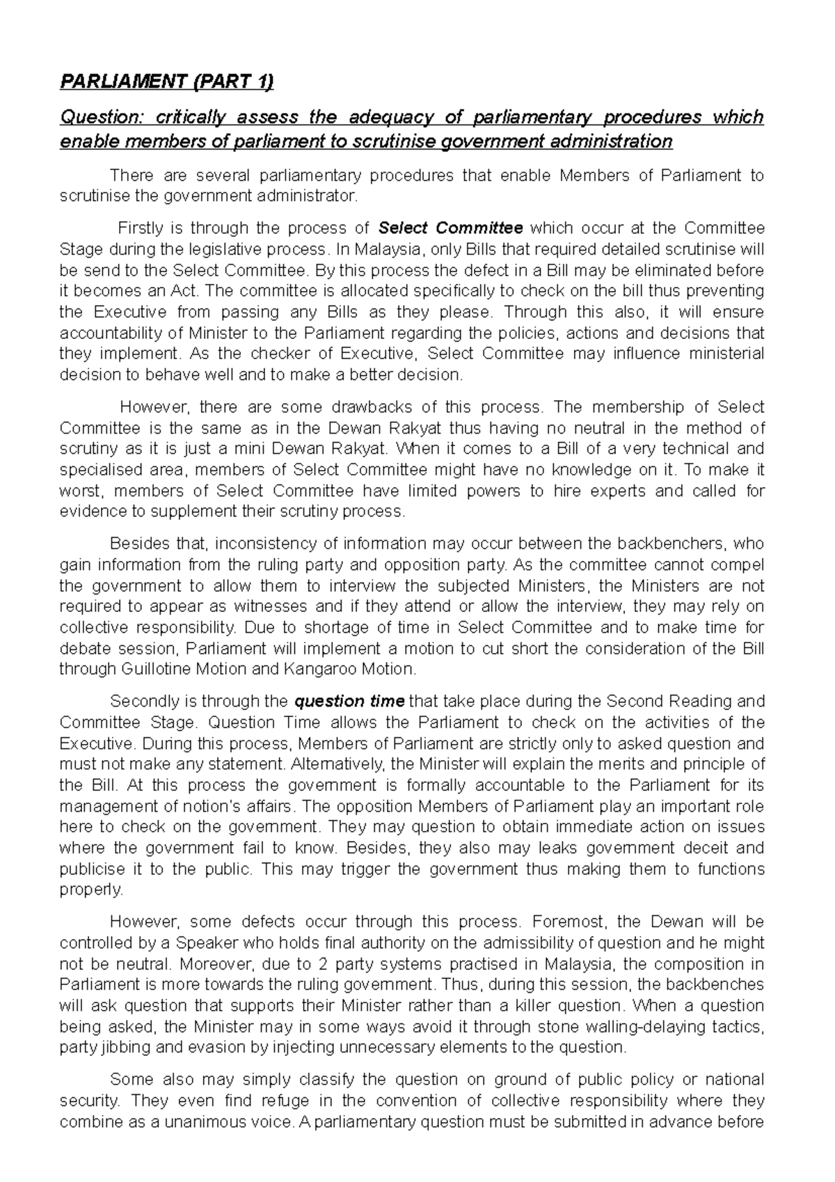 Parliament - notes - PARLIAMENT (PART 1) Question: critically assess ...