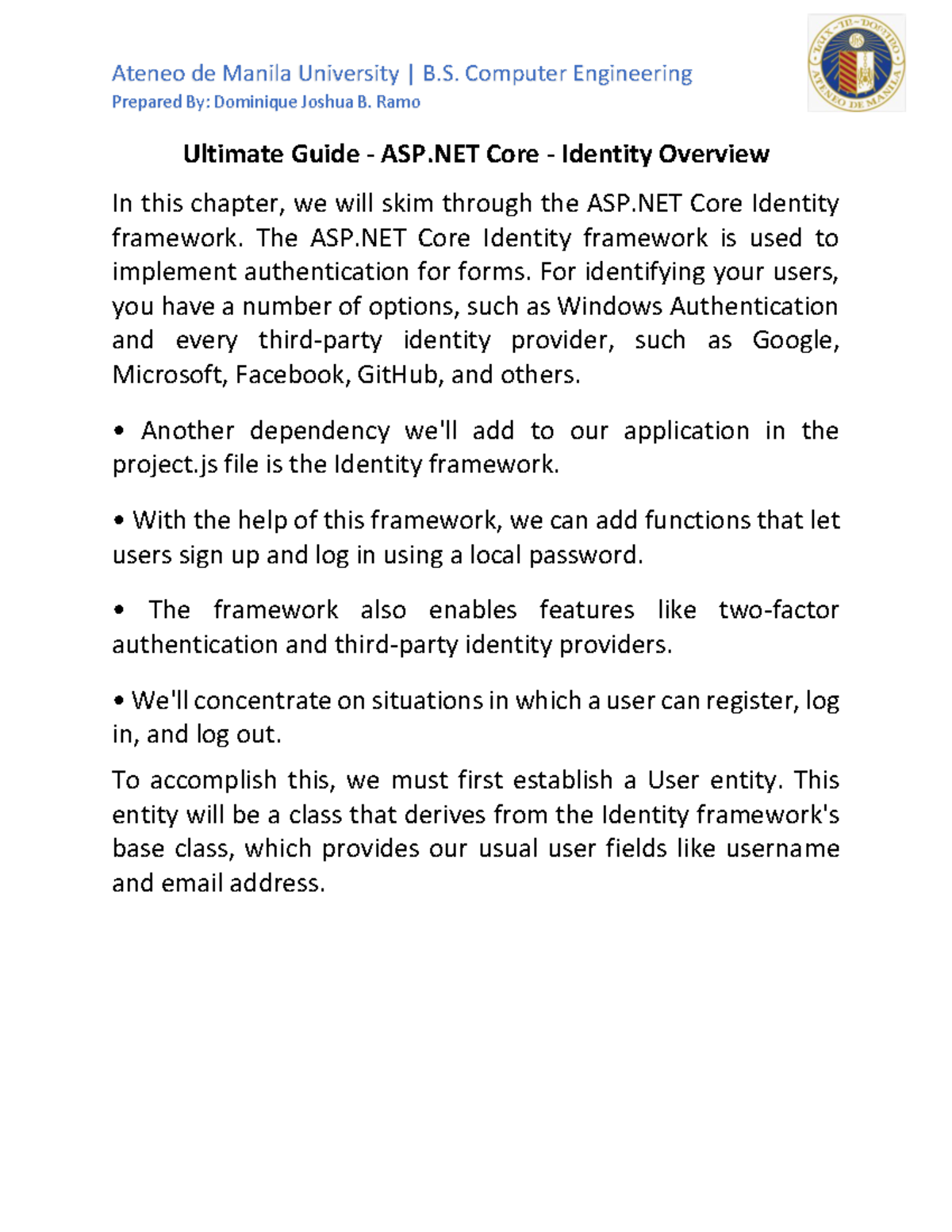 Ultimate Guide - ASP.NET Core - Identity Overview - Prepared By: Dominique Joshua B. Ramo ...
