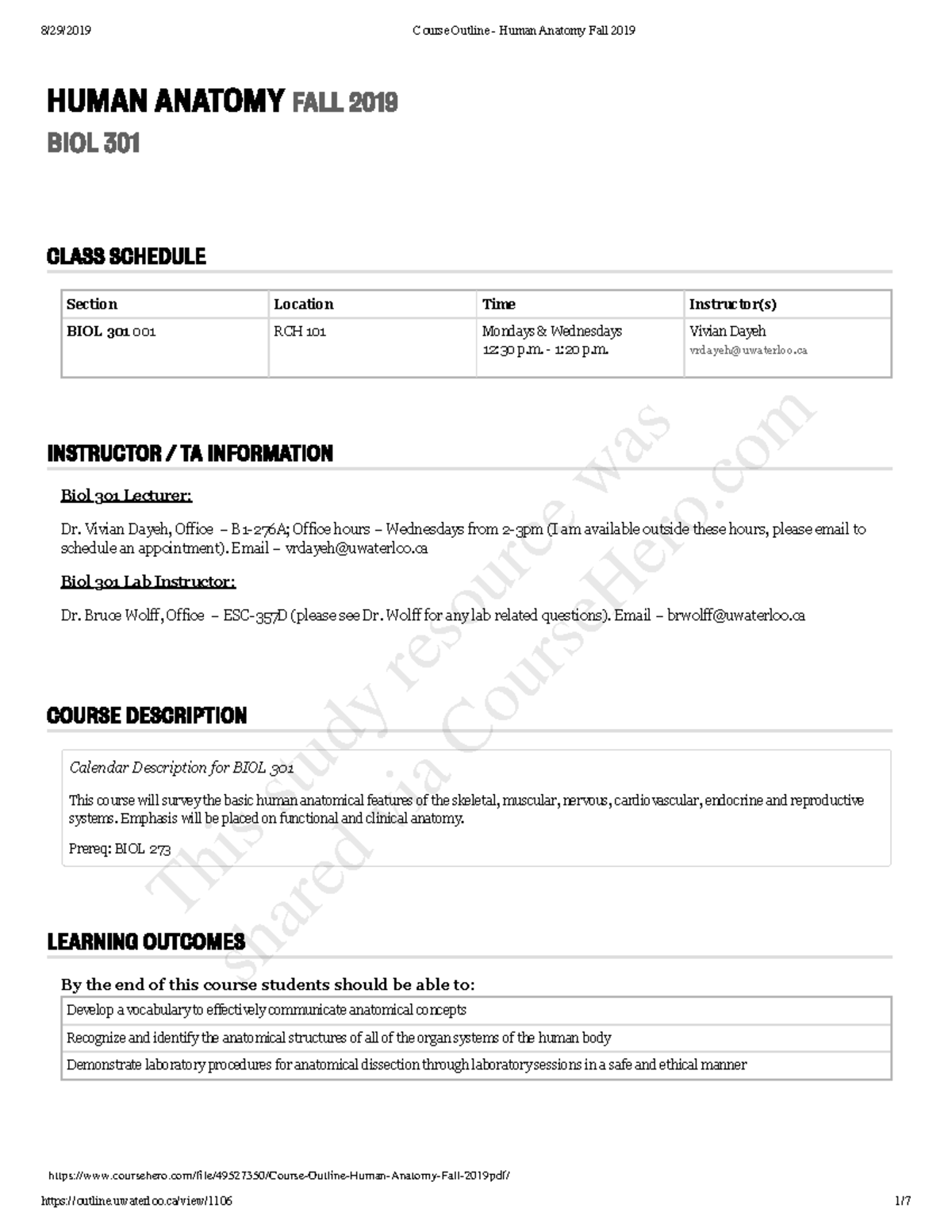 Course Outline Human Anatomy Fall 2019 - HUMAN ANATOMY FALL 2019 BIOL ...