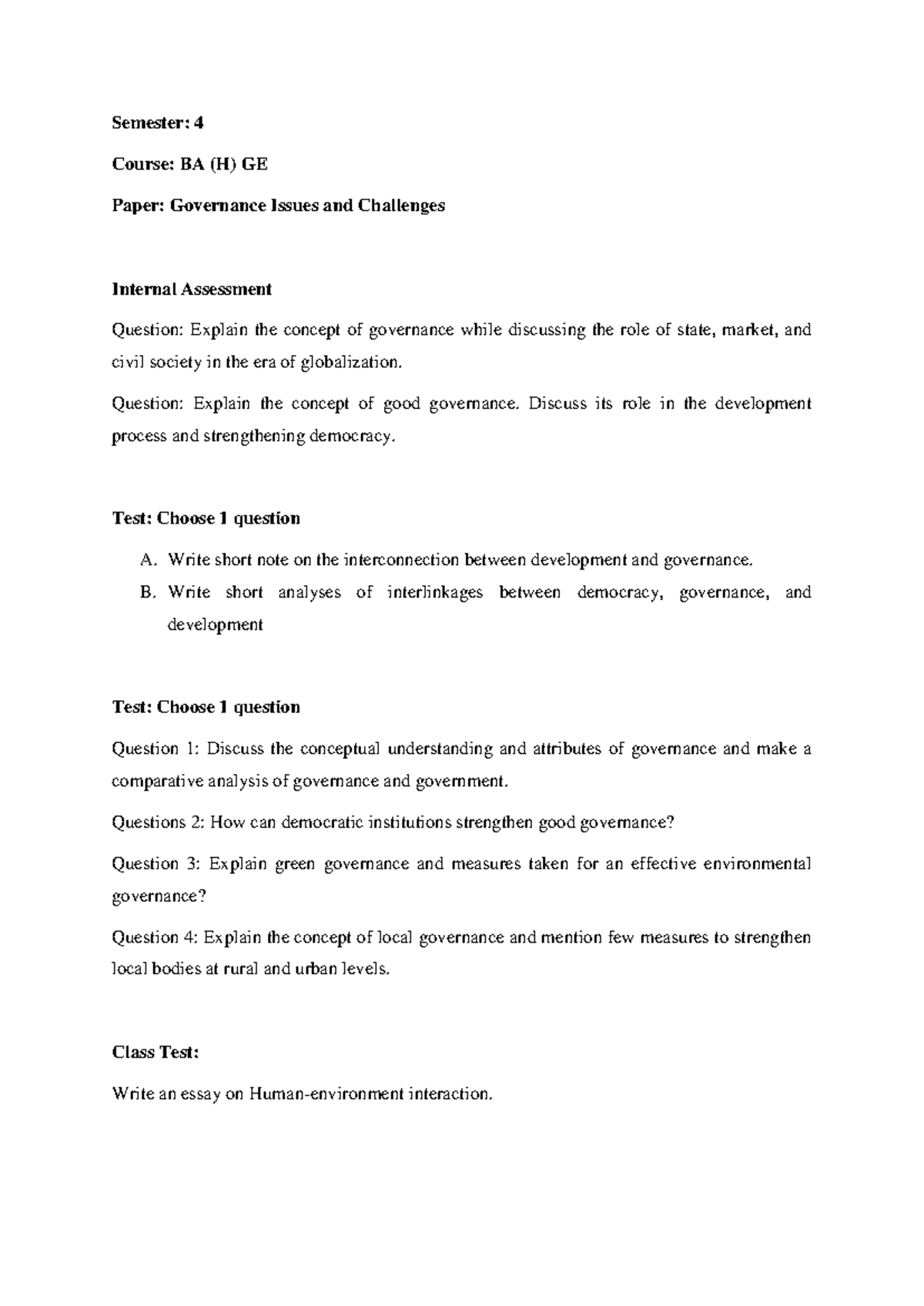 Governance 120322044027 - Semester: 4 Course: BA (H) GE Paper ...