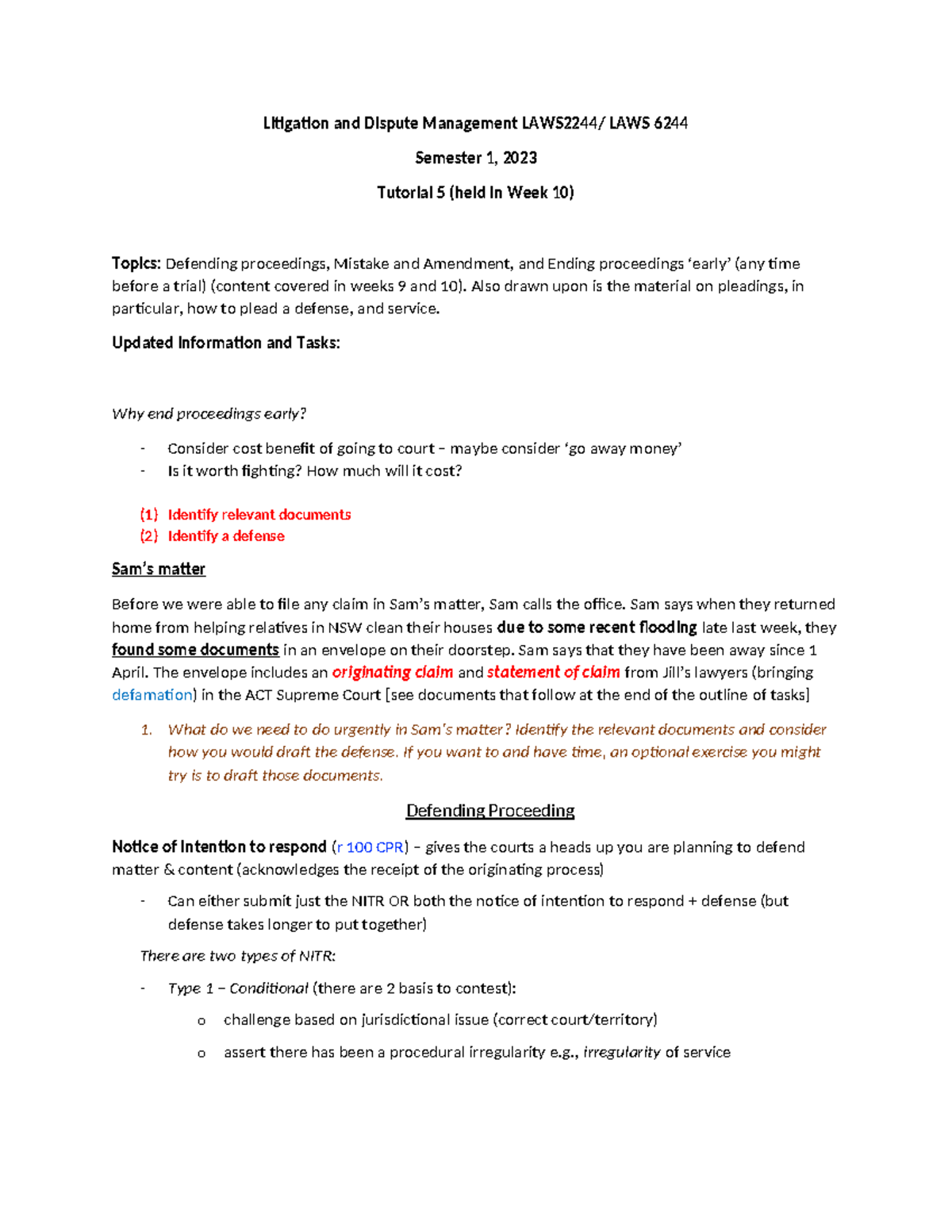 LDM tutorial 5 - LDM - Litigation and Dispute Management LAWS2244/ LAWS ...