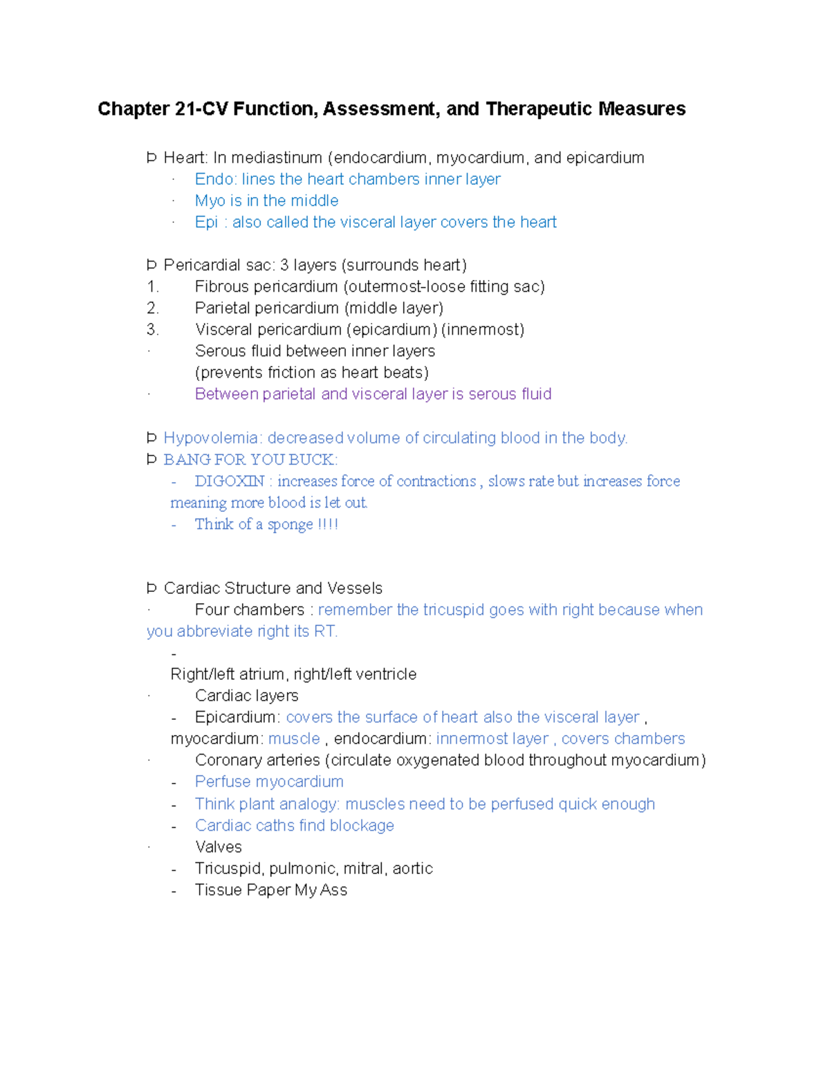 Cardiovascular outline - Chapter 21-CV Function, Assessment, and ...