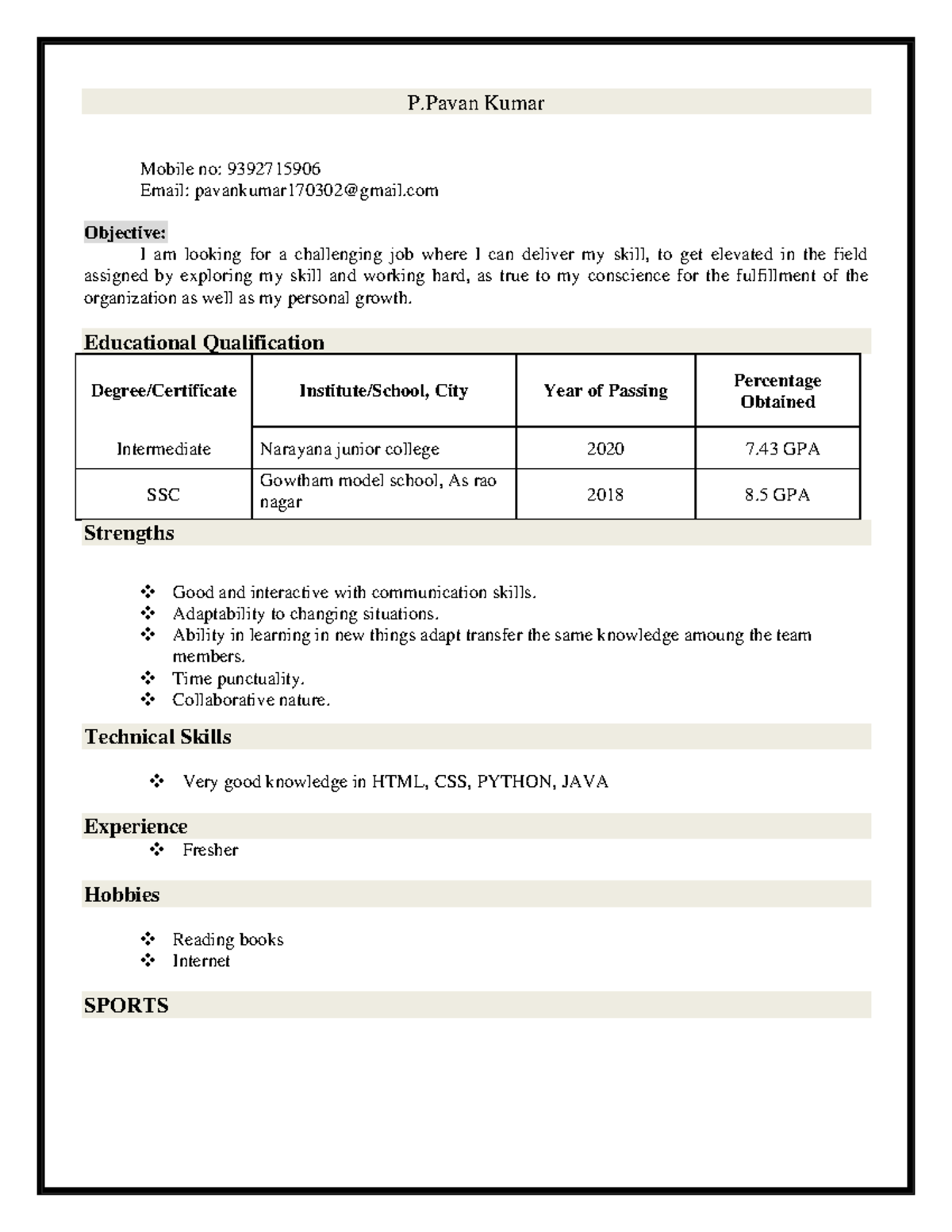 Pavan resume - P Kumar Mobile no: 9392715906 Email: pavankumar170302 ...