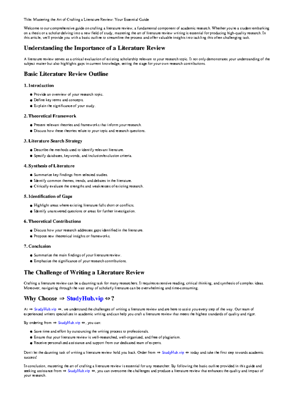 Basic Literature Review Outline - Title: Mastering the Art of Crafting ...