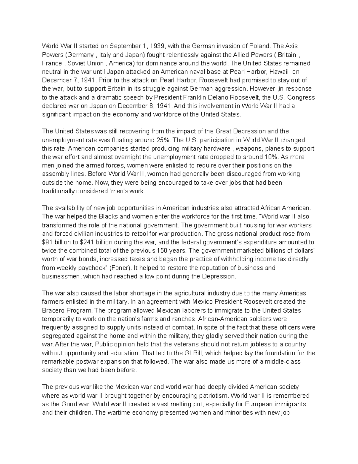 World War II Impact on USA - World War II started on September 1, 1939 ...