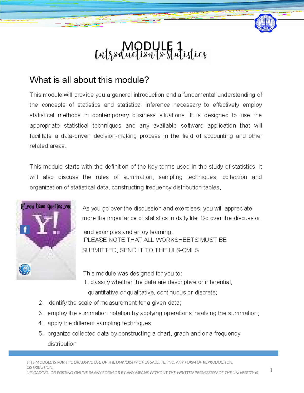 Module 1 Intro To Stat 123 This Module Is For The Exclusive Use Of