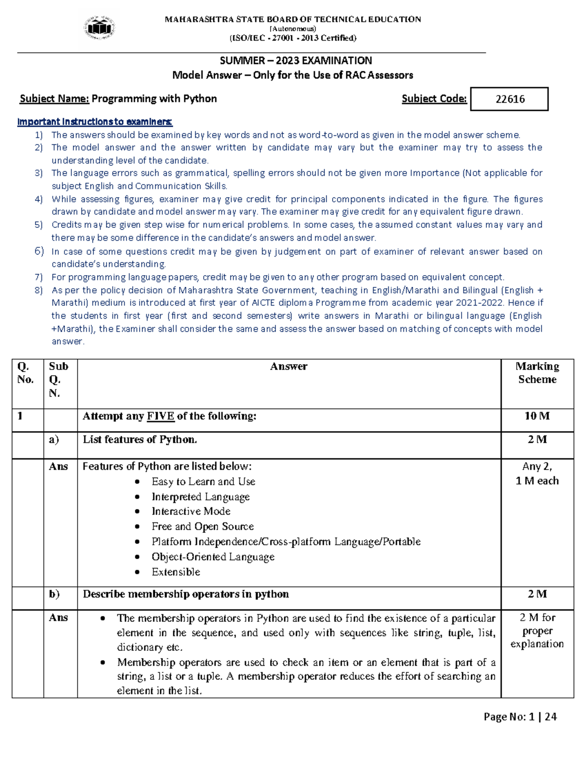 22616 python summer 2023 model - (Autonomous) (ISO/IEC - 27001 - 2013 ...