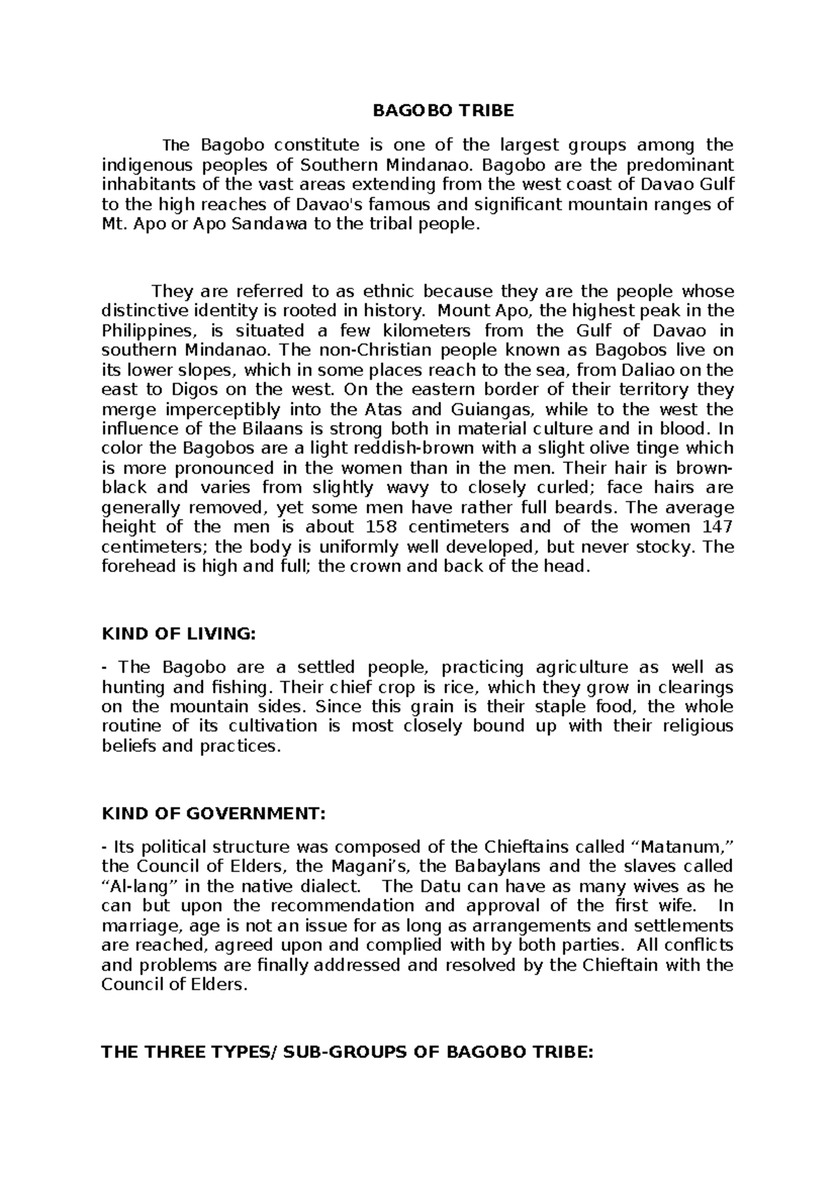 Bagobo - Summary Physical Education - BAGOBO TRIBE The Bagobo ...