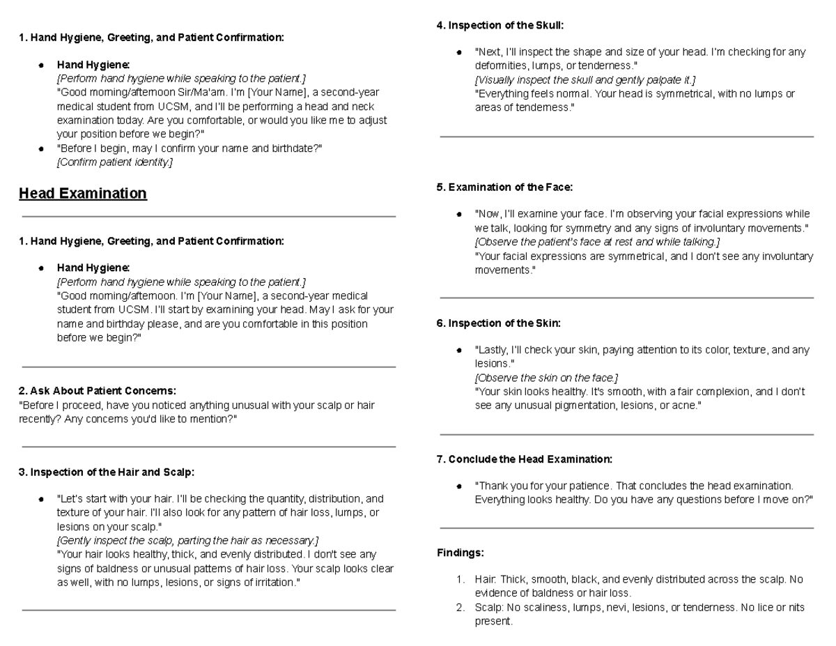Heent Script - AFASF - Hand Hygiene, Greeting, and Patient Confirmation ...