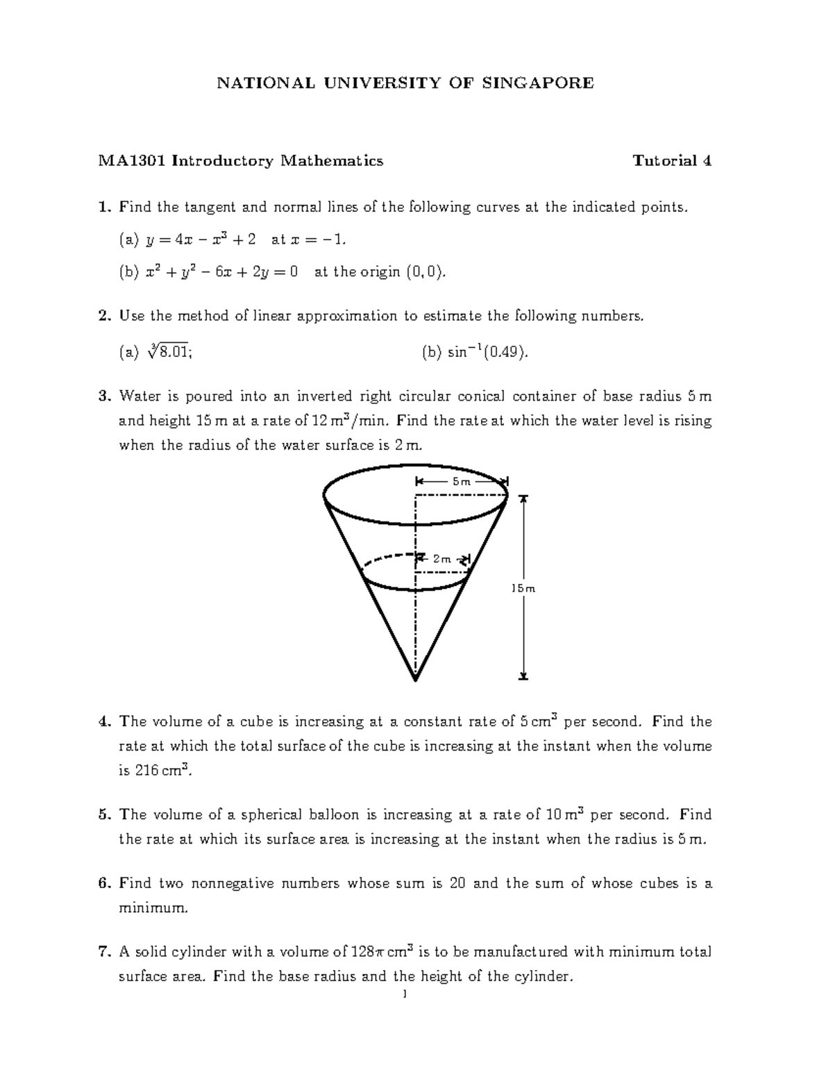 MA1301 Tutorial 4 Questions - NATIONAL UNIVERSITY OF SINGAPORE MA1301 ...