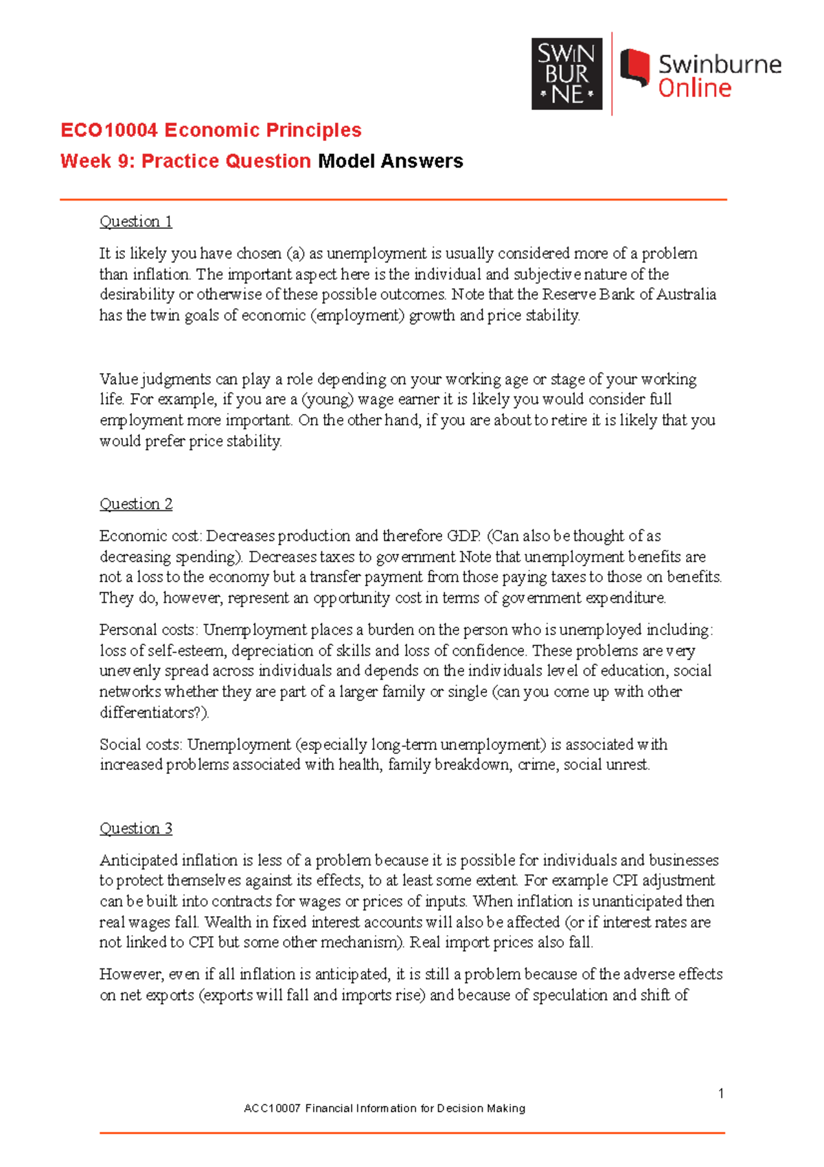 ECO10004 practice questions model answers week9 - ECO10004 Economic Principles Week 9: Practice ...