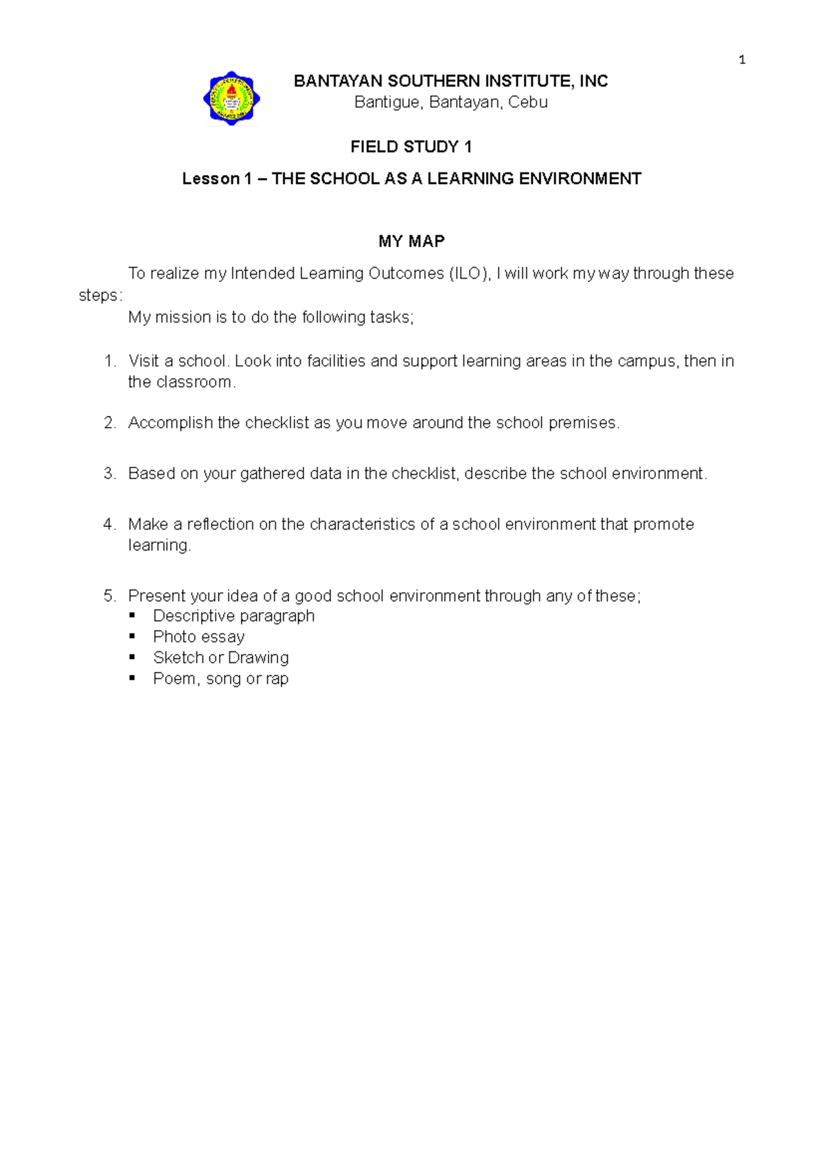 Worksheet-Week-1 - FIELD STUDY - FIELD STUDY 1 Lesson 1 – THE SCHOOL AS ...