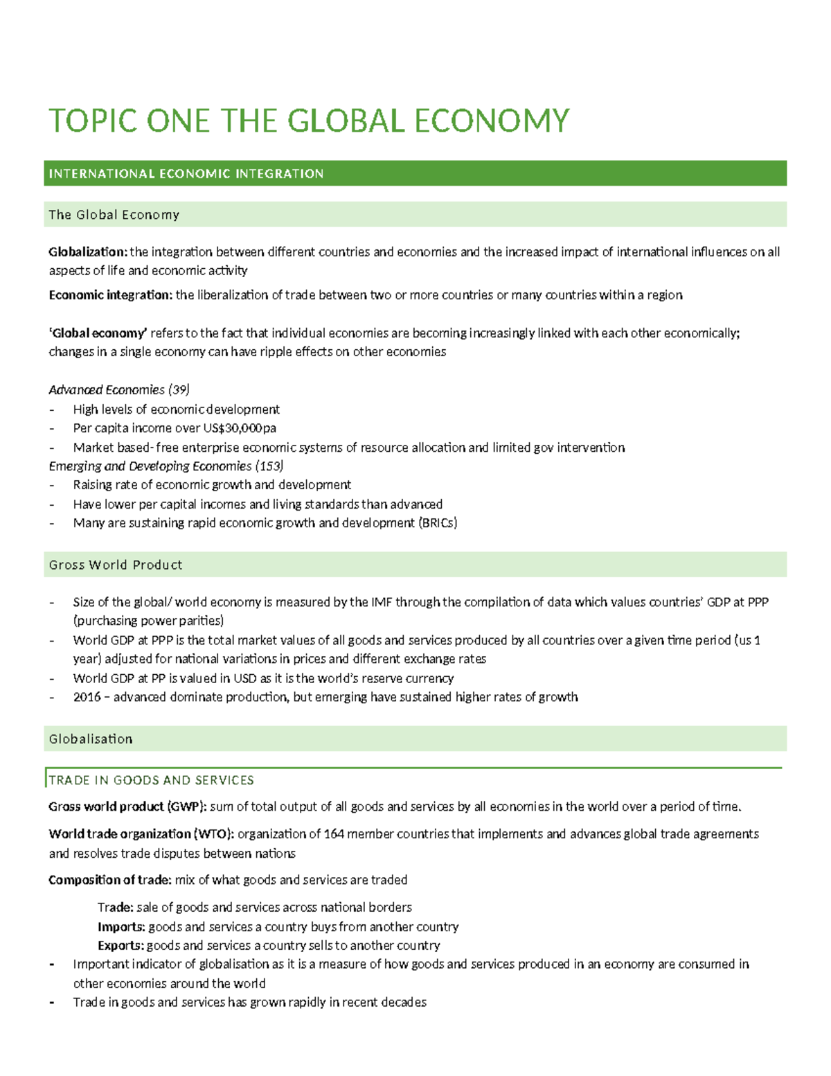 Detailed Economics FULL Notes - TOPIC ONE THE GLOBAL ECONOMY ...