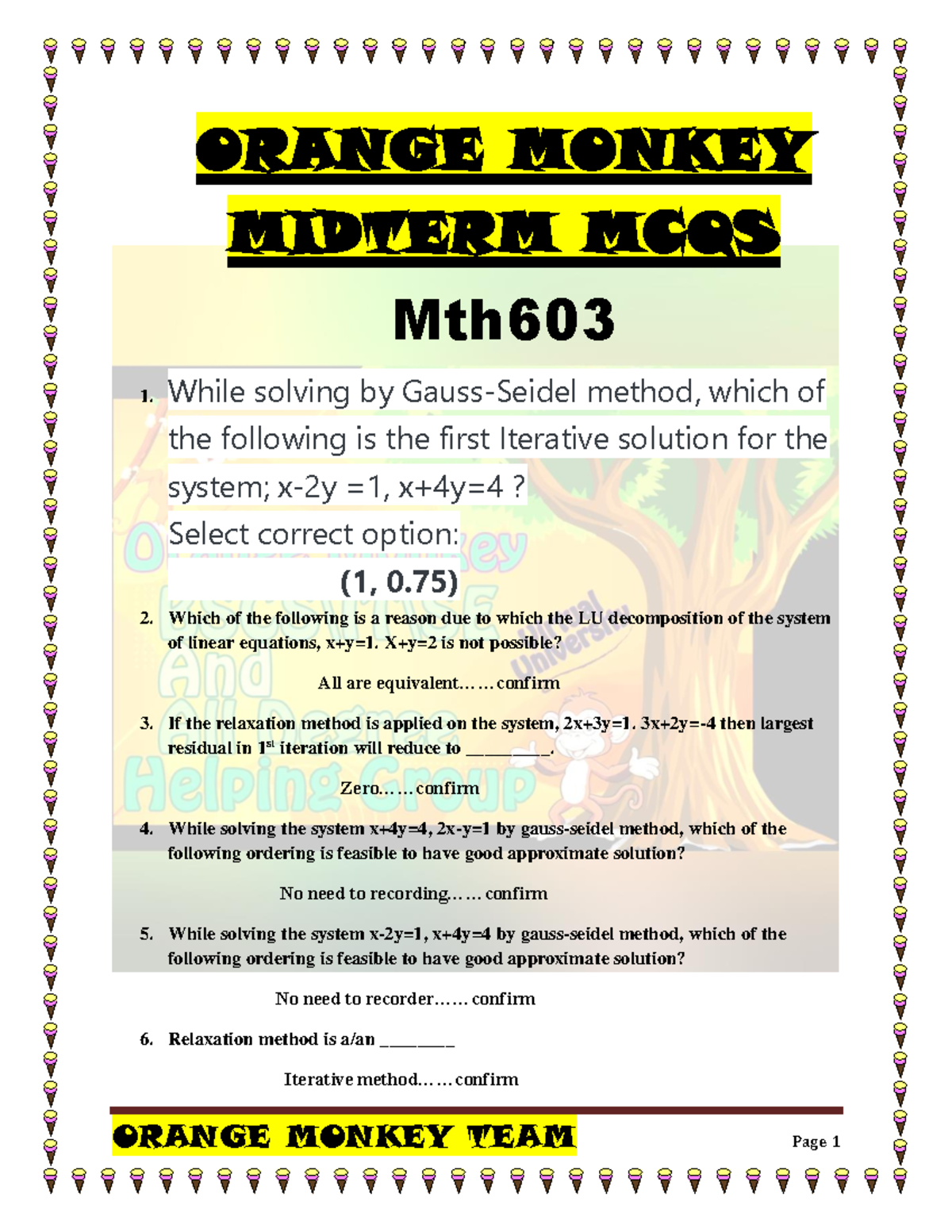 Mth603 Quiz 1 solution - ORANGE MONKEY MIDTERM MCQS Mth 1. While ...