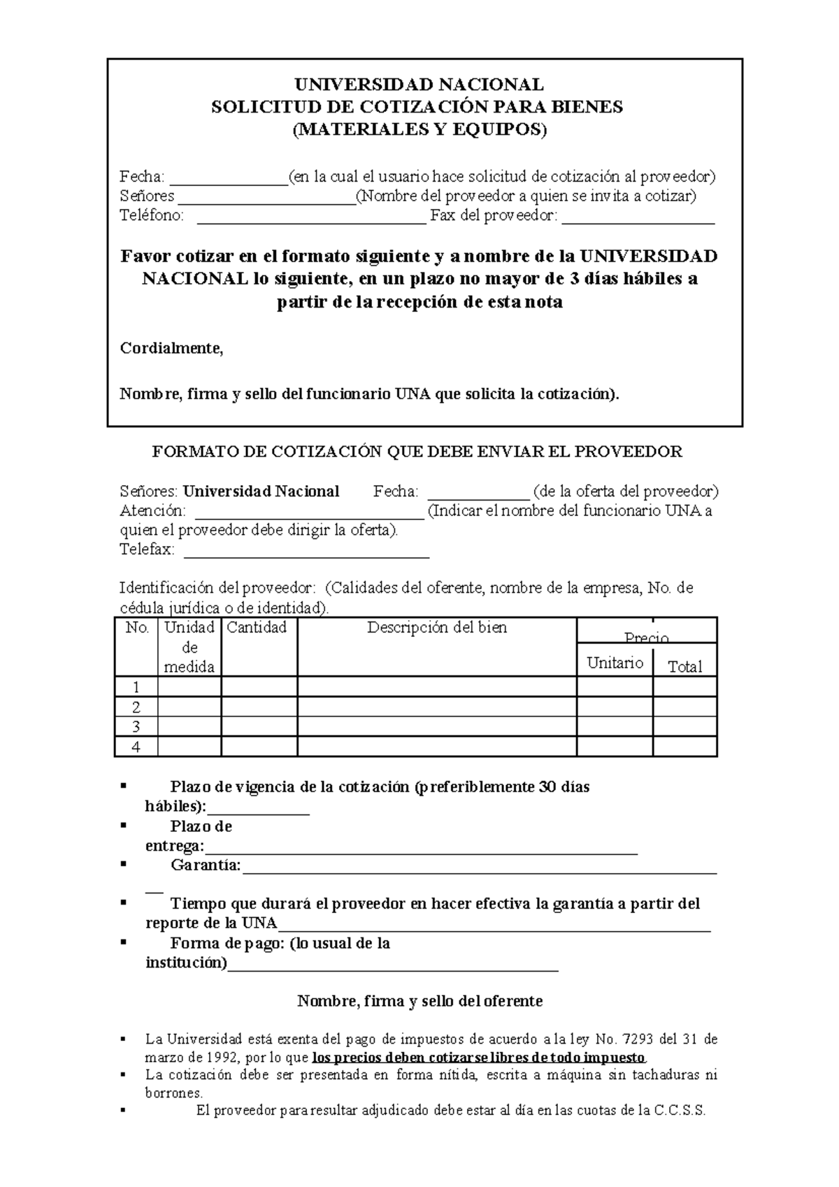 Modelo+DE+ Solicitud+DE+ Cotización+NO - UNIVERSIDAD NACIONAL SOLICITUD ...