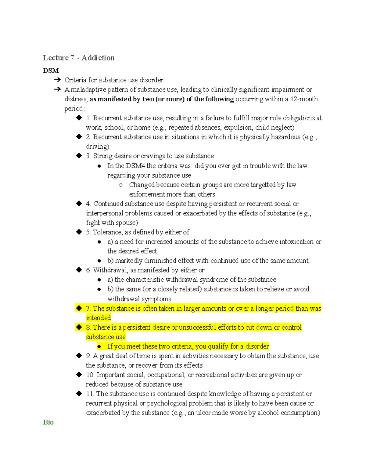 Lecture 7 - Addiction - Notes - Lecture 7 - Addiction DSM Criteria for ...