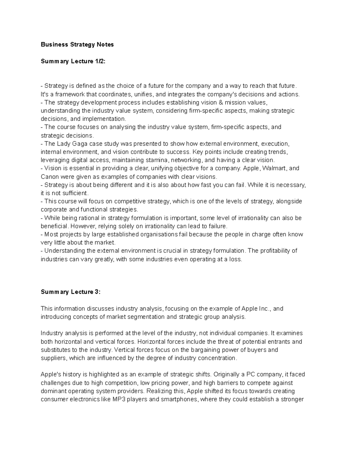 Business Strategy Notes Condensed - Business Strategy Notes Summary ...