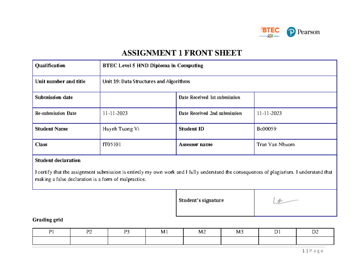 BC00059 Viht Assignment 1 - ASSIGNMENT 1 FRONT SHEET Grading grid P1 P2 P3 M1 M2 M3 D1 D - Studocu