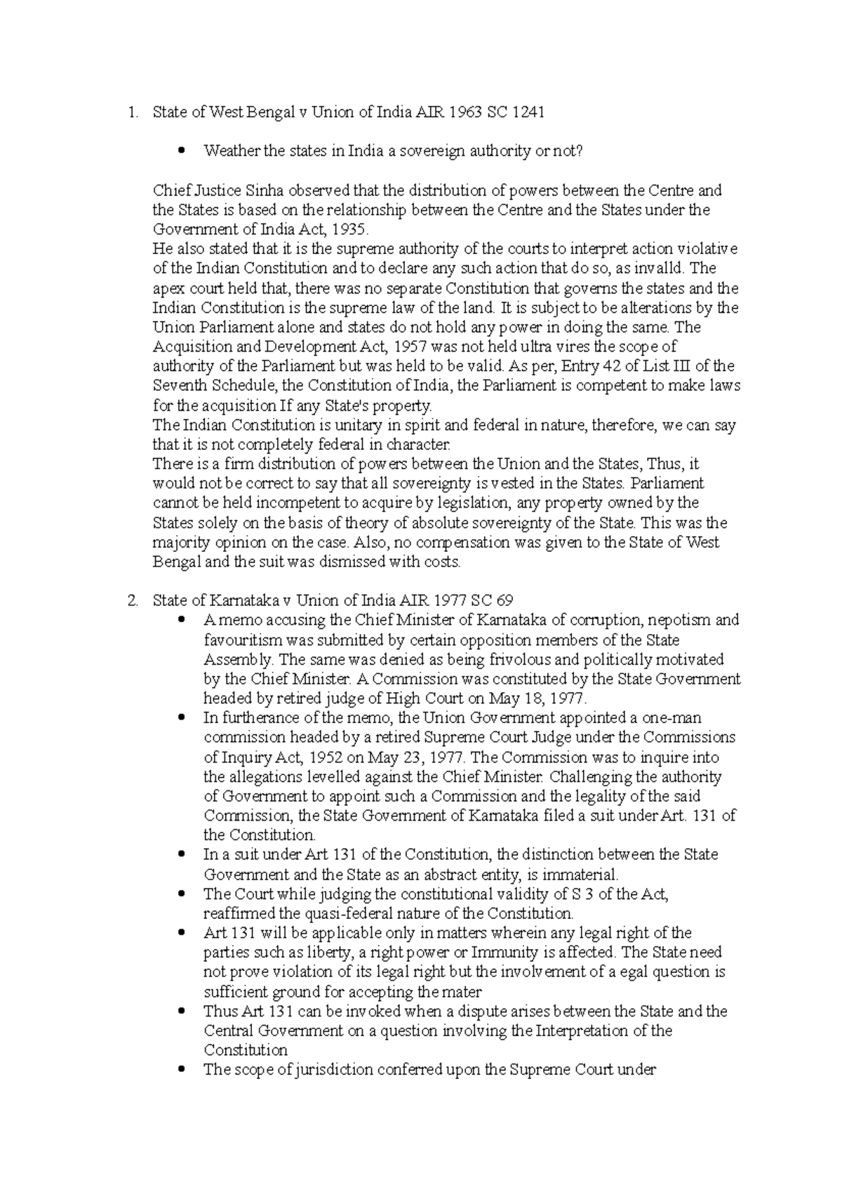 Consti class 1 notes - 1. State of West Bengal v Union of India AIR ...