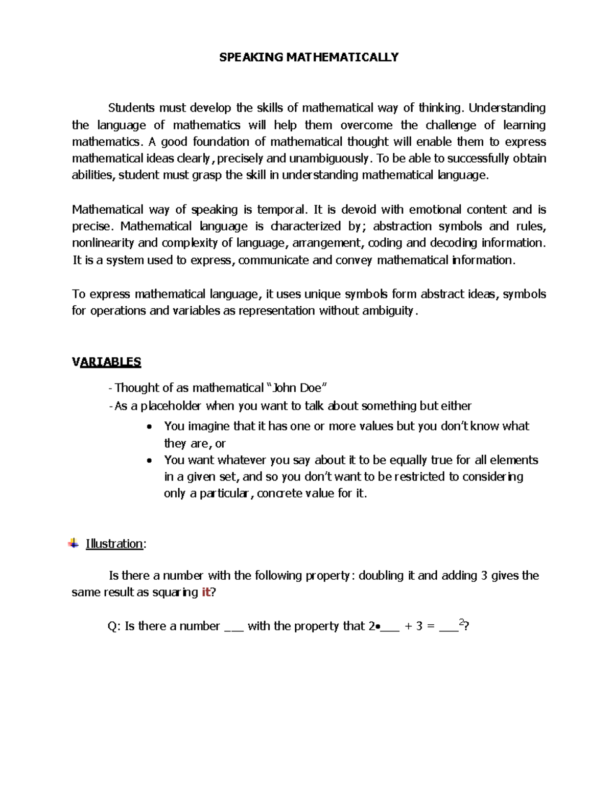 Variables - SPEAKING MATHEMATICALLY Students must develop the skills of mathematical way of ...