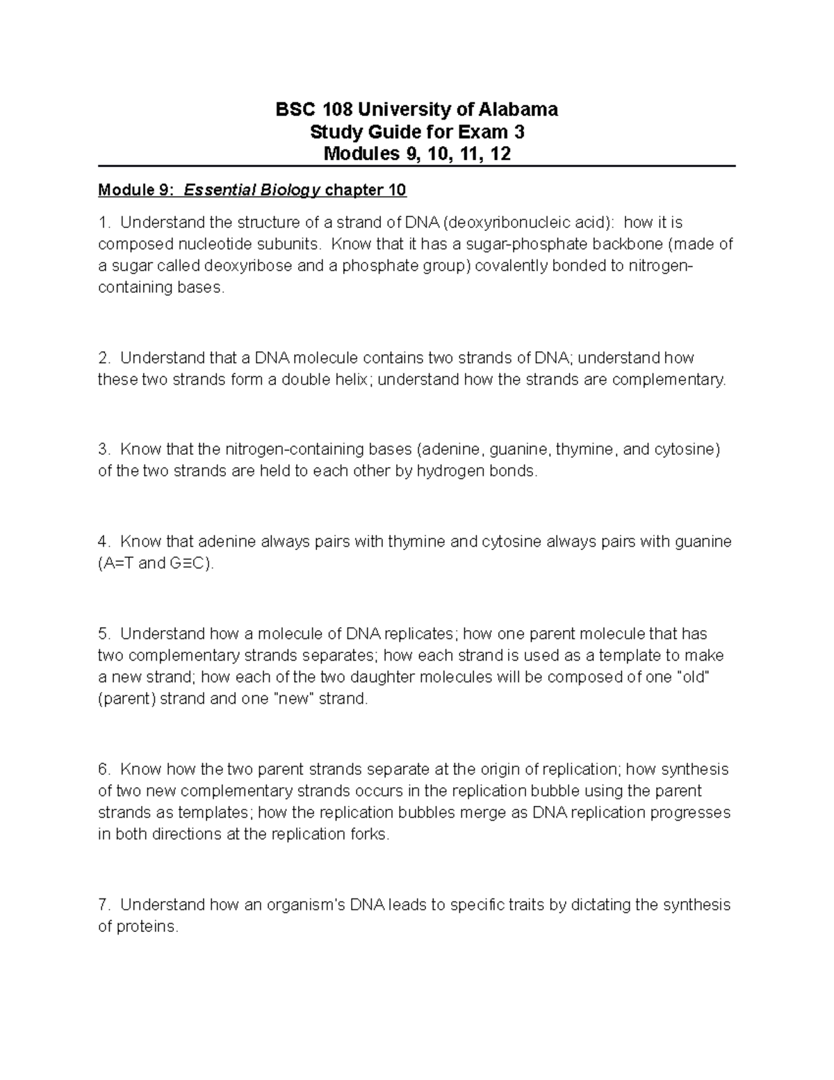 BSC 108 Exam 3 Study Guide - BSC 108 University of Alabama Study Guide ...