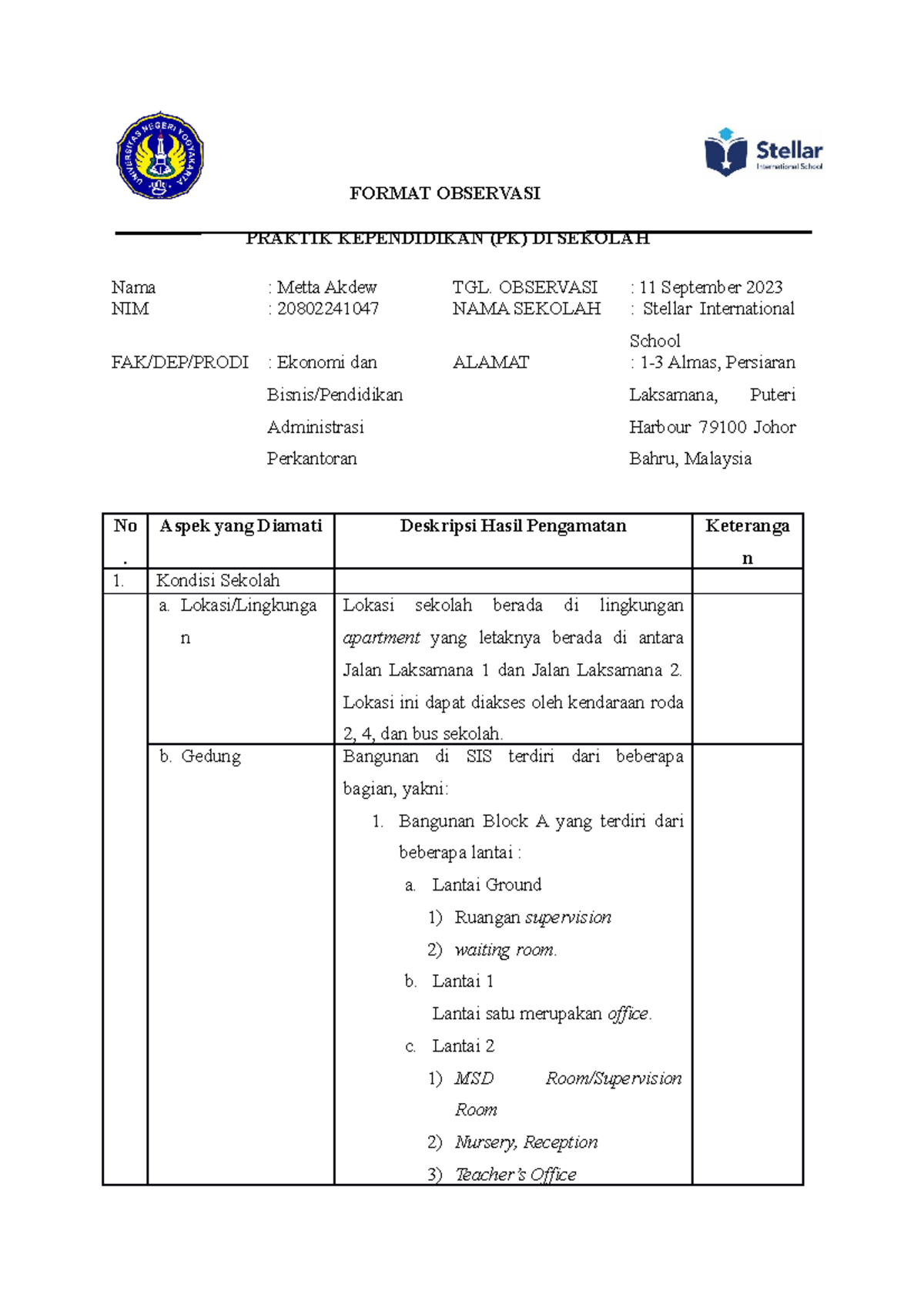 Format Observasi PK FIX - Nama : Metta Akdew TGL. OBSERVASI : 11 ...
