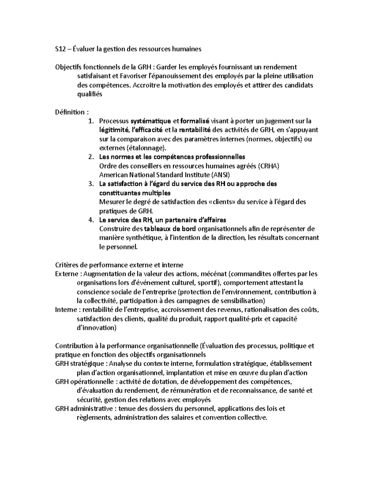 RH EXAM Final - S12 – Évaluer la gestion des ressources humaines Objectifs fonctionnels de la ...