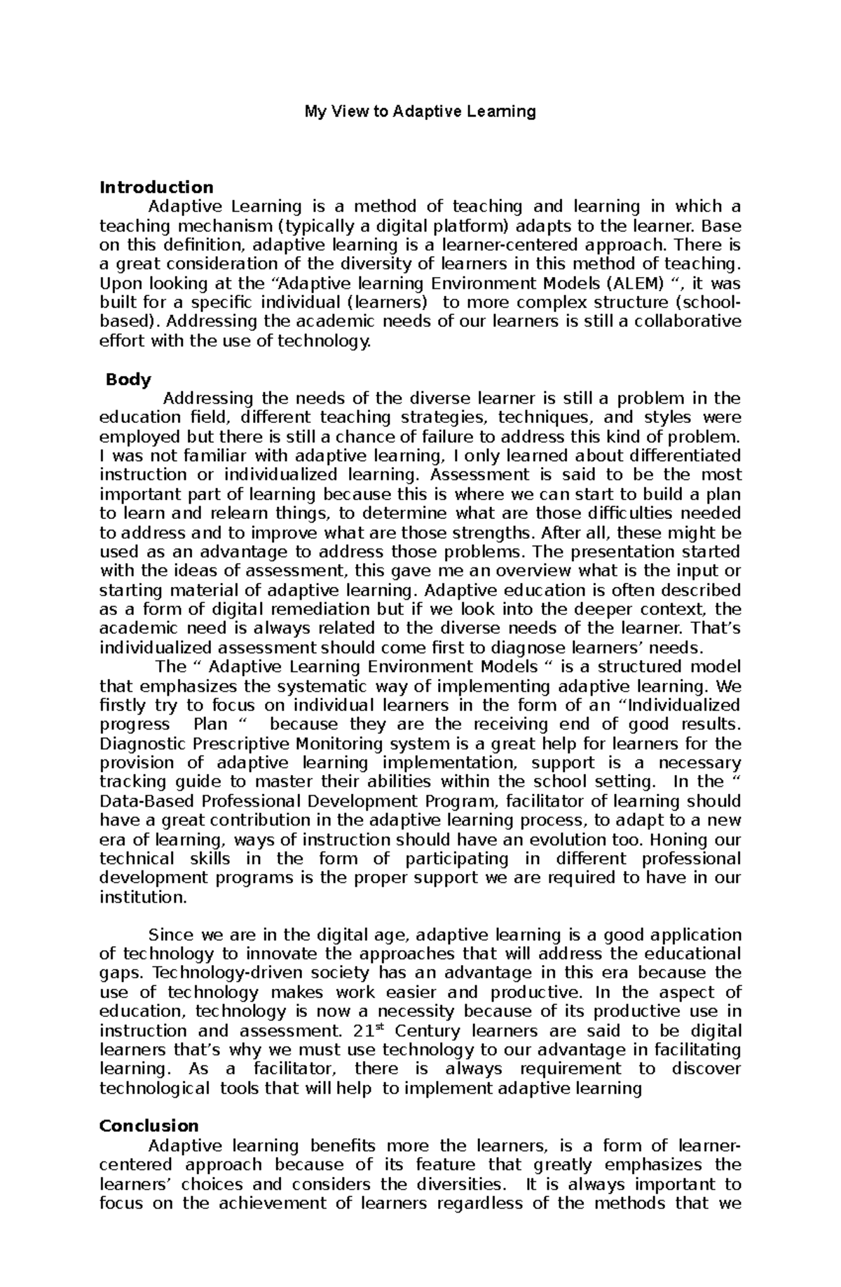 View to adaptive learning - My View to Adaptive Learning Introduction ...