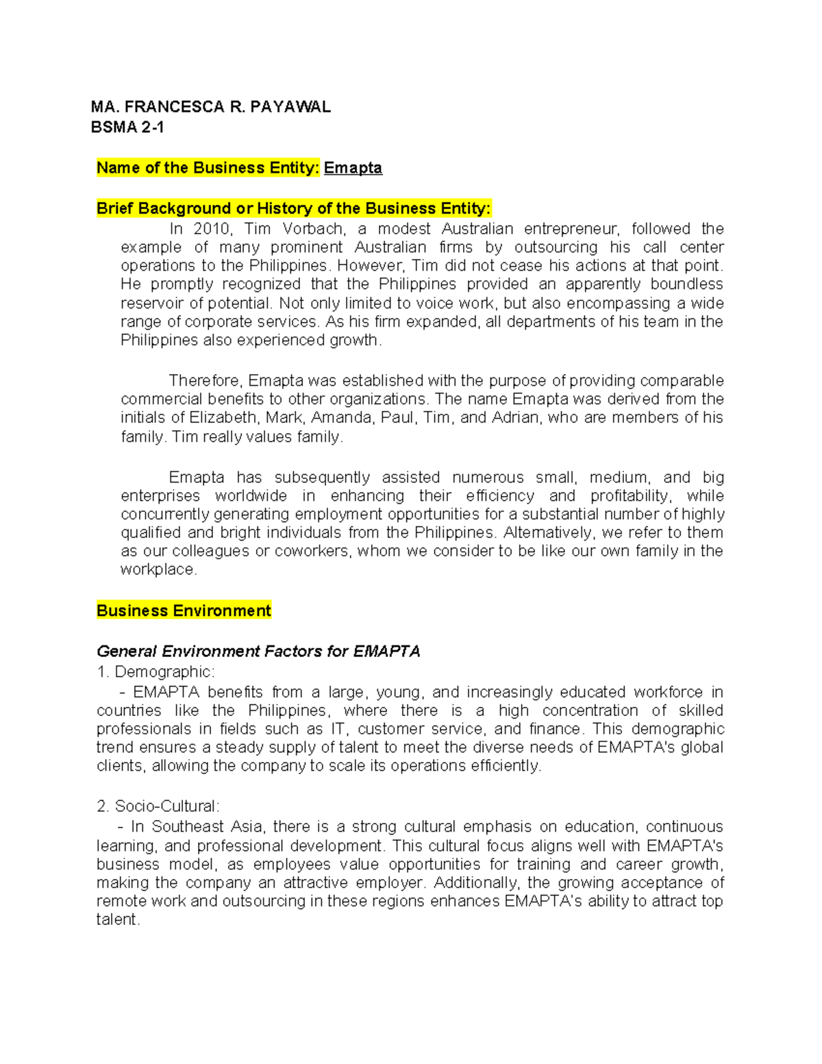 Case study- Strat Man- Emapta - MA. FRANCESCA R. PAYAWAL BSMA 2- Name of the Business Entity ...