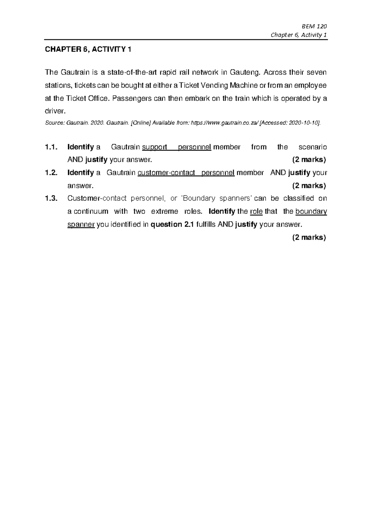 BEM120-2024-Ch6-Activity 1 - BEM 1 20 Chapter 6 , Activity 1 CHAPTER 6 ...