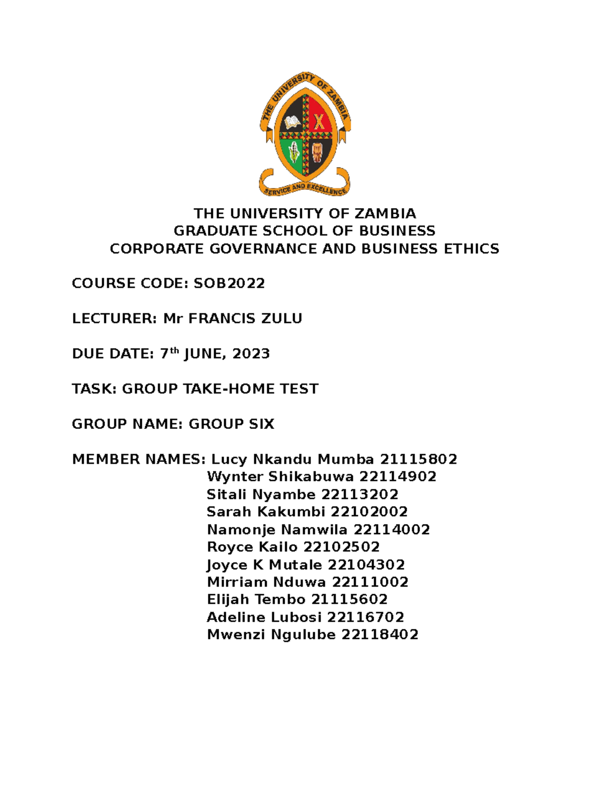 CG-SOB2022- Group 6 Assignment - THE UNIVERSITY OF ZAMBIA GRADUATE ...